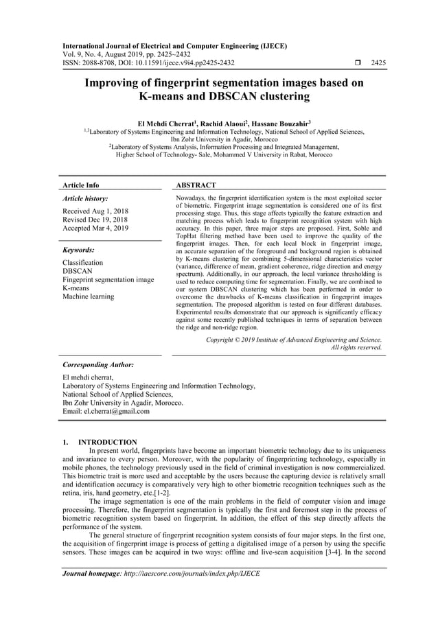 Improving Of Fingerprint Segmentation Images Based On K Means And Dbscan Clustering Pdf