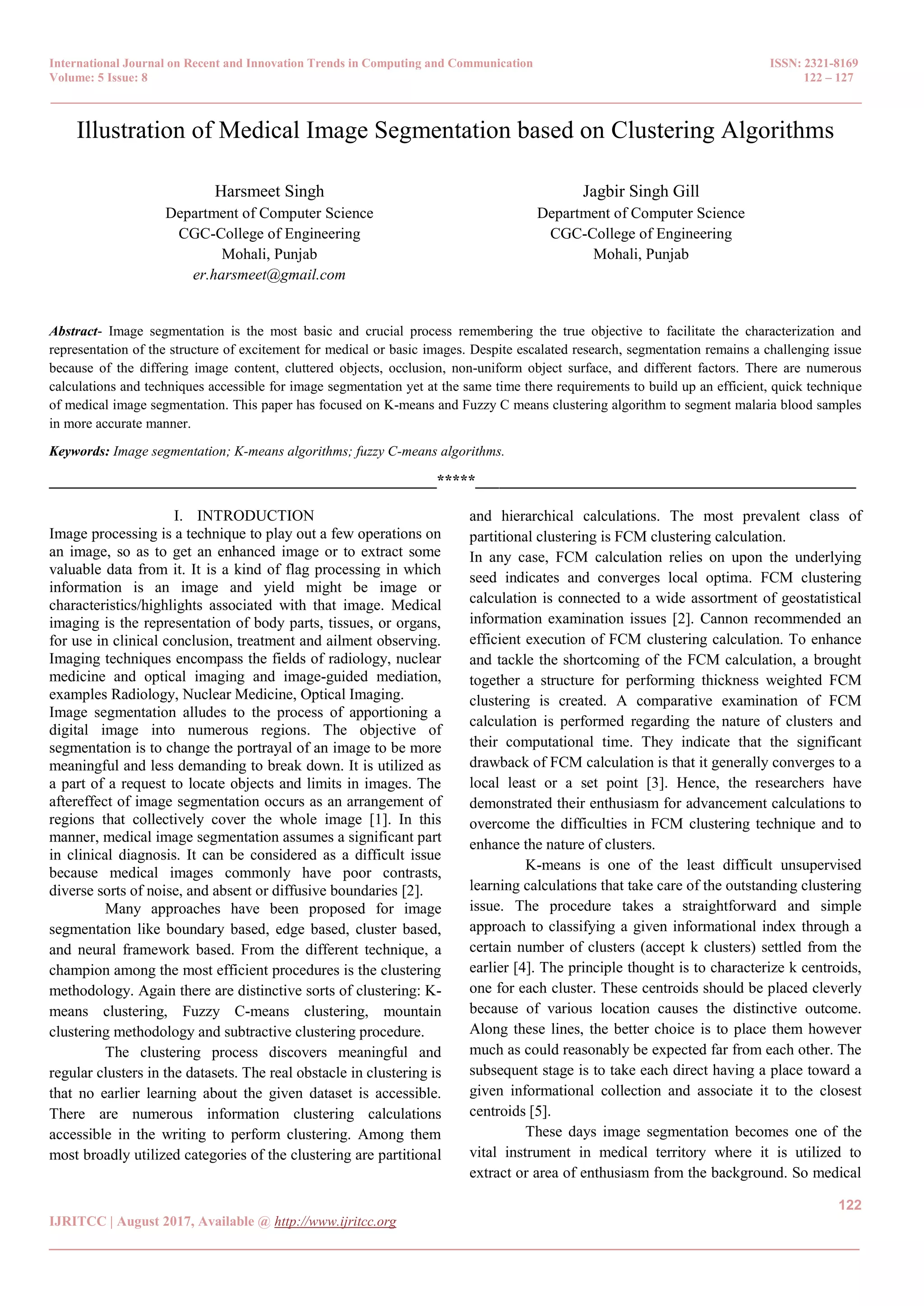 Illustration of Medical Image Segmentation based on Clustering Algorithms | PDF