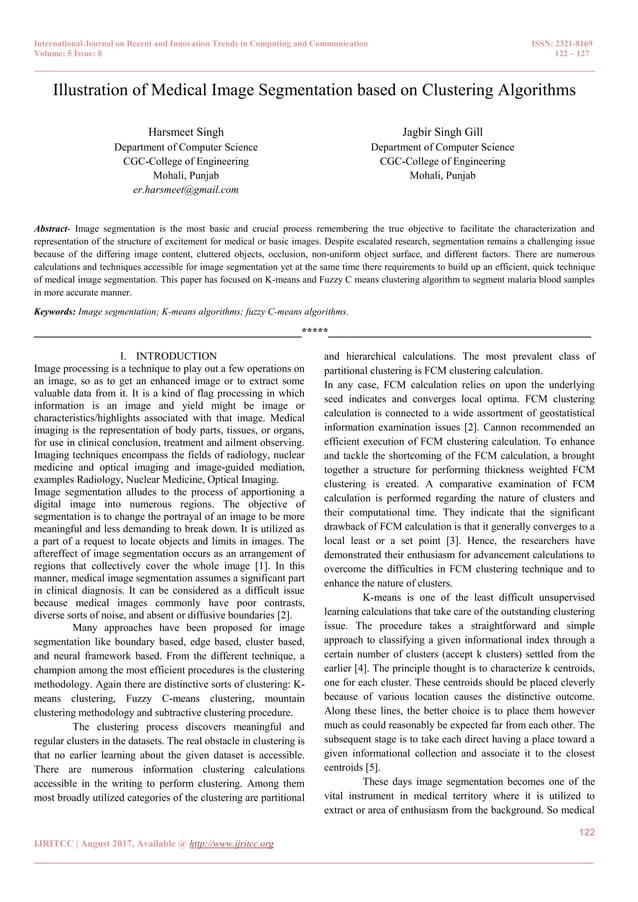 Illustration of Medical Image Segmentation based on Clustering Algorithms | PDF