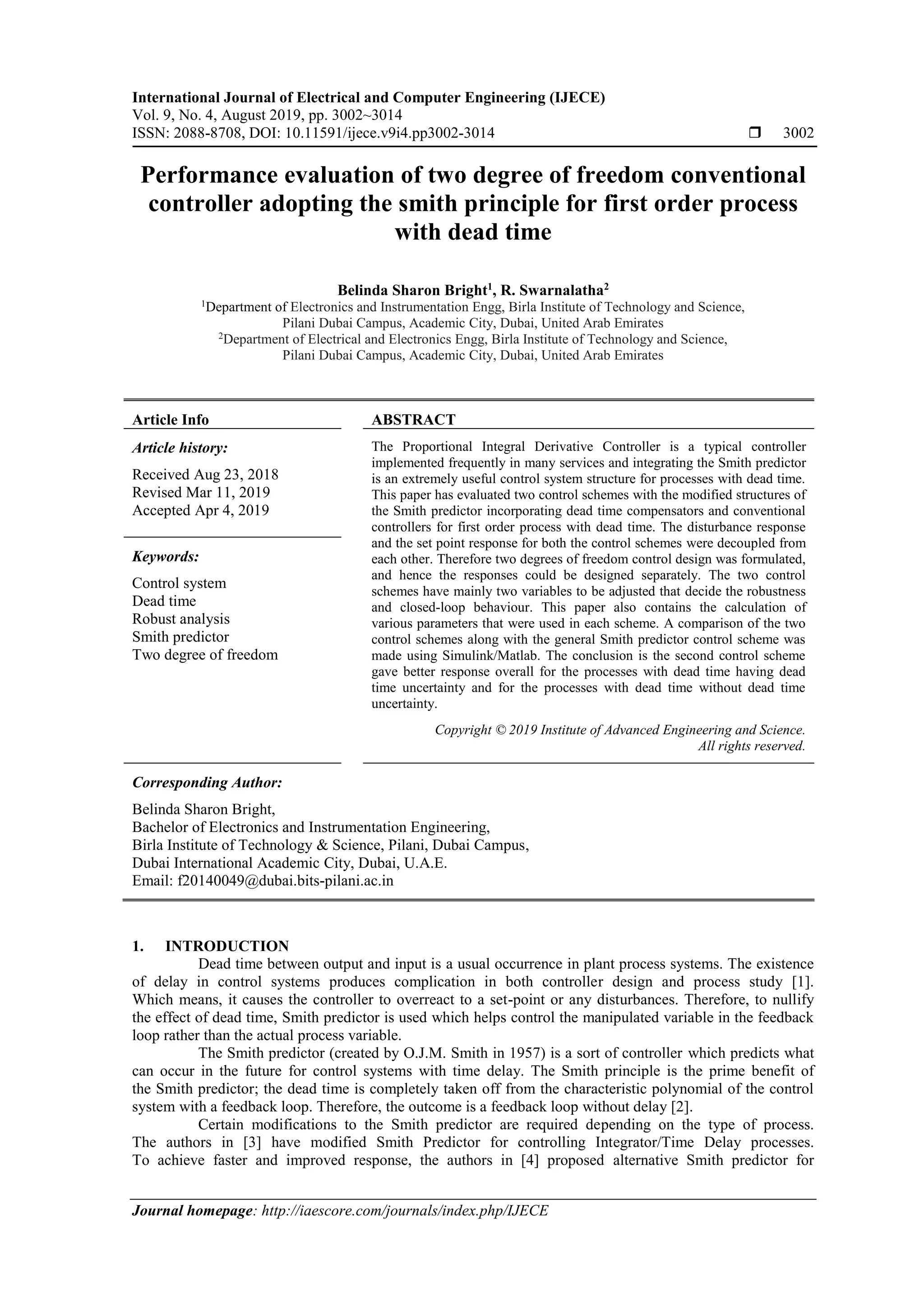 Performance Evaluation Of Two Degree Of Freedom Conventional Controller