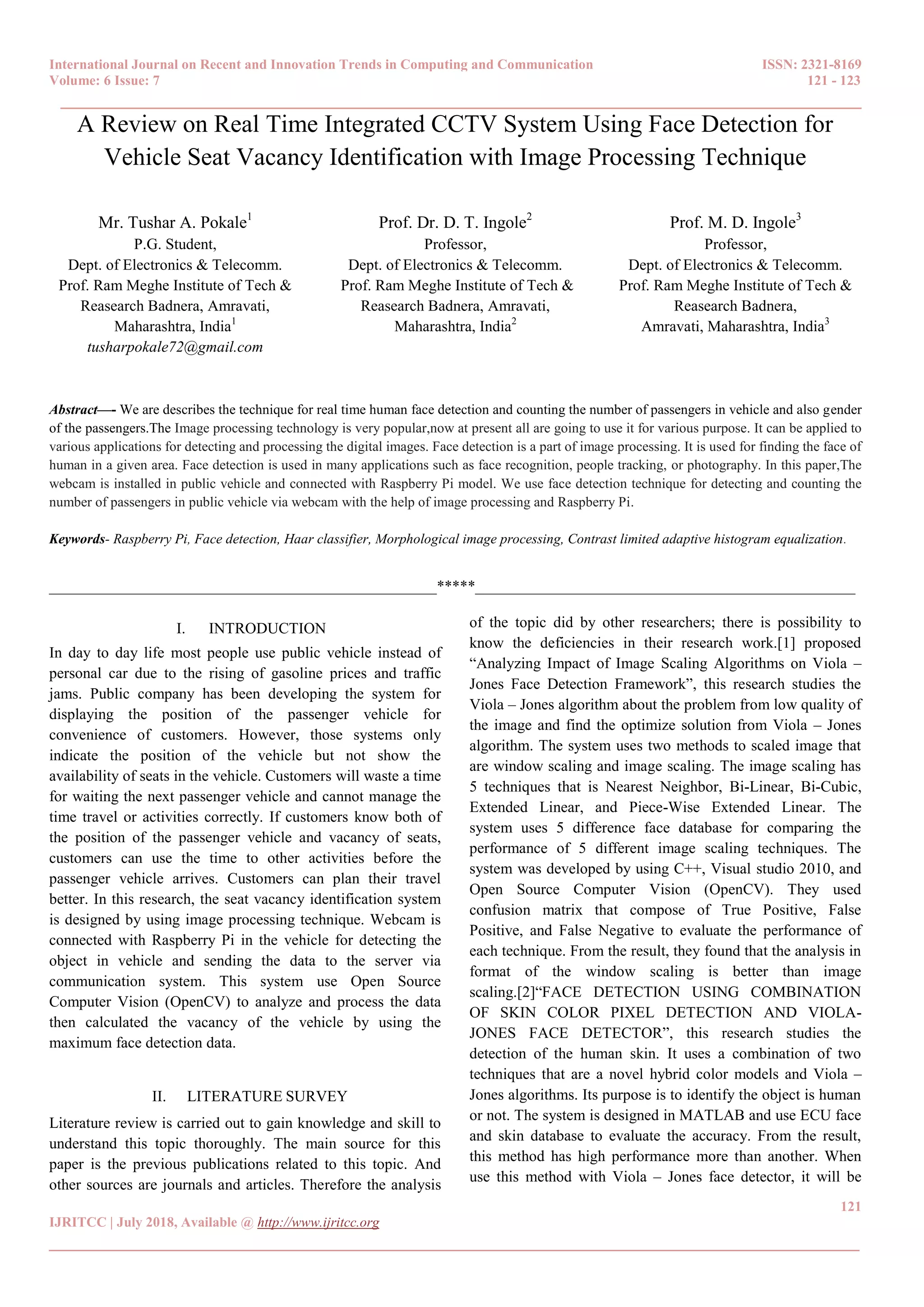 A Review On Real Time Integrated Cctv System Using Face Detection For Vehicle Seat Vacancy