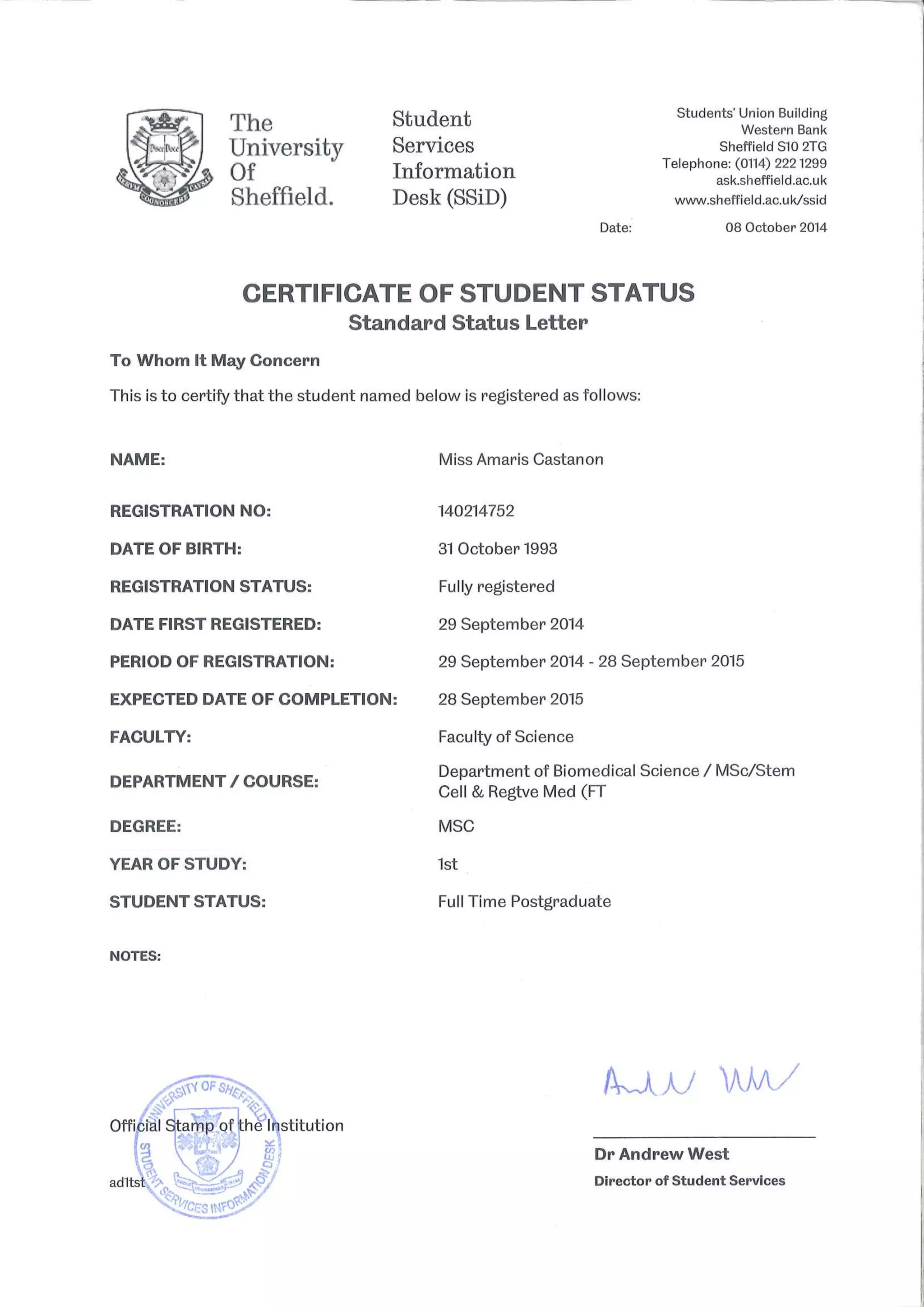 Castanon, Amaris- Certificate of Student Status and MSc Course Details ...