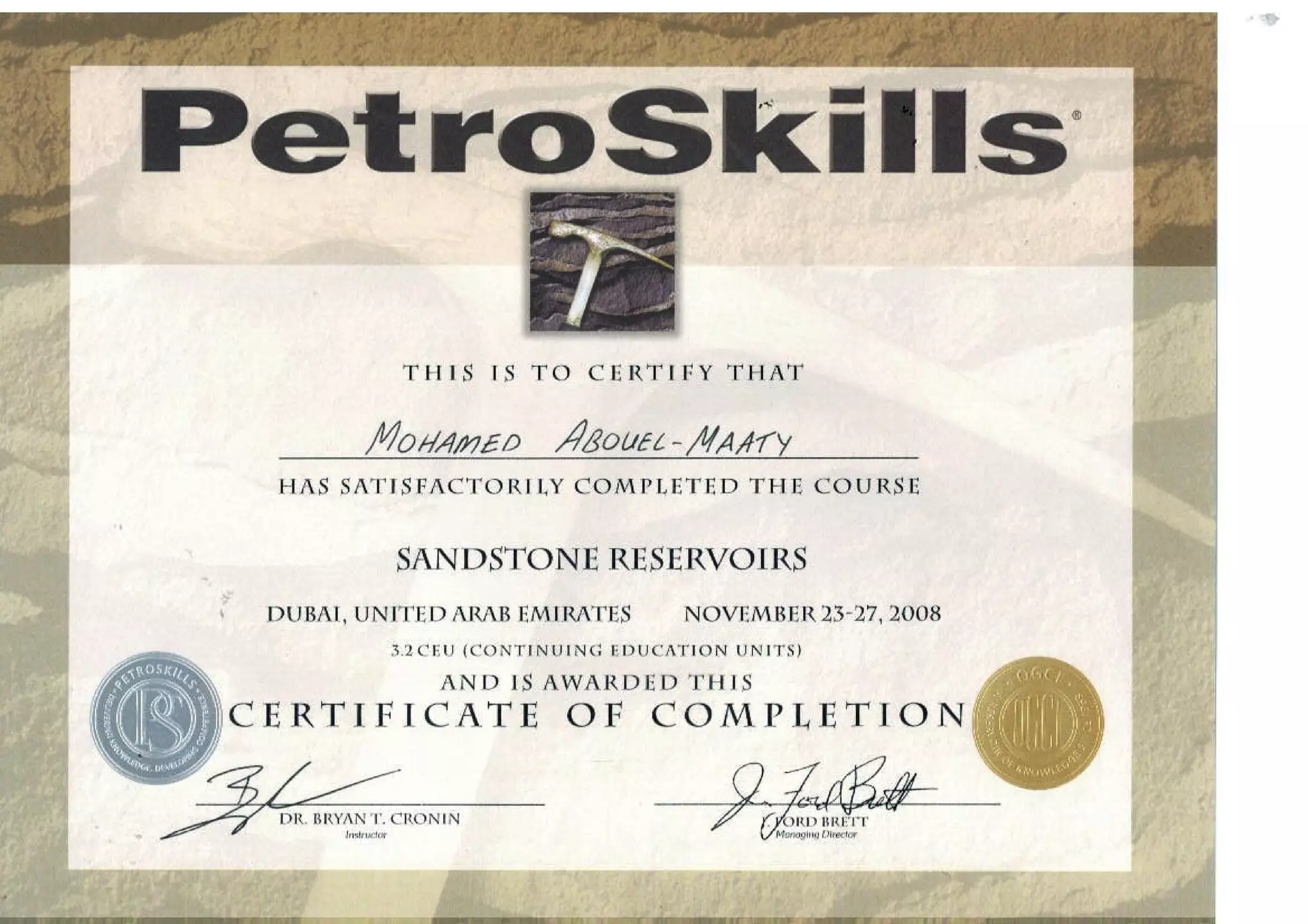 Petroskills_Sandstone Reservoirs Course Certificate | PDF