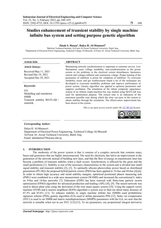 Studies enhancement of transient stability by single machine infinite bus system and setting ...