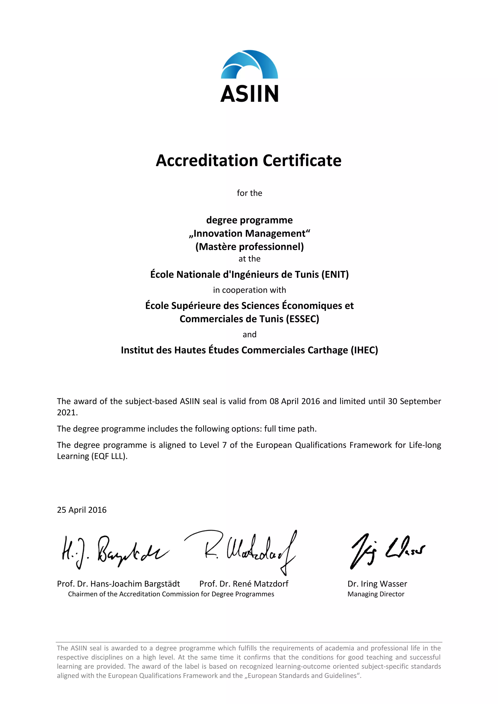 ASIIN Certificate ENIT et al Ma Innovation Management 2016-04-25 | PDF