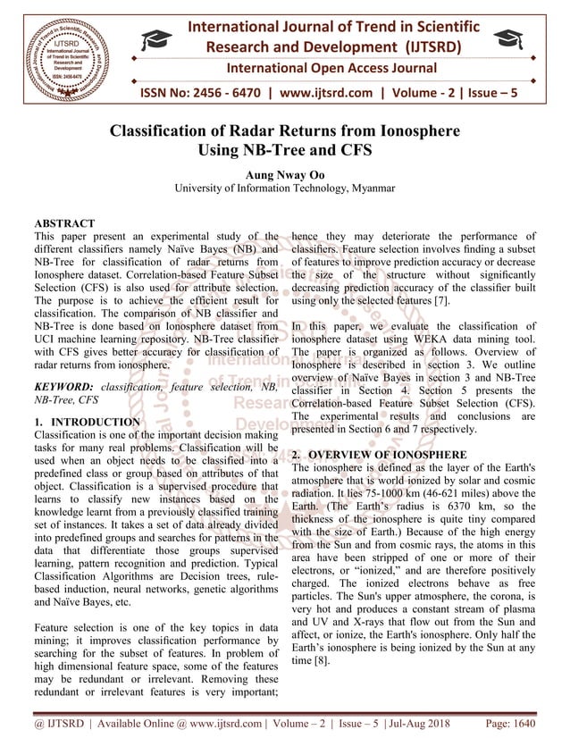 Classification of Radar Returns from Ionosphere Using NB-Tree and CFS | PDF