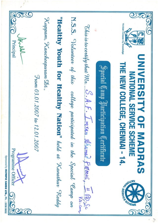 Imran SAF - The New College (PV50269) NSS Kanathur Camp Certificate Mar-06 | PDF