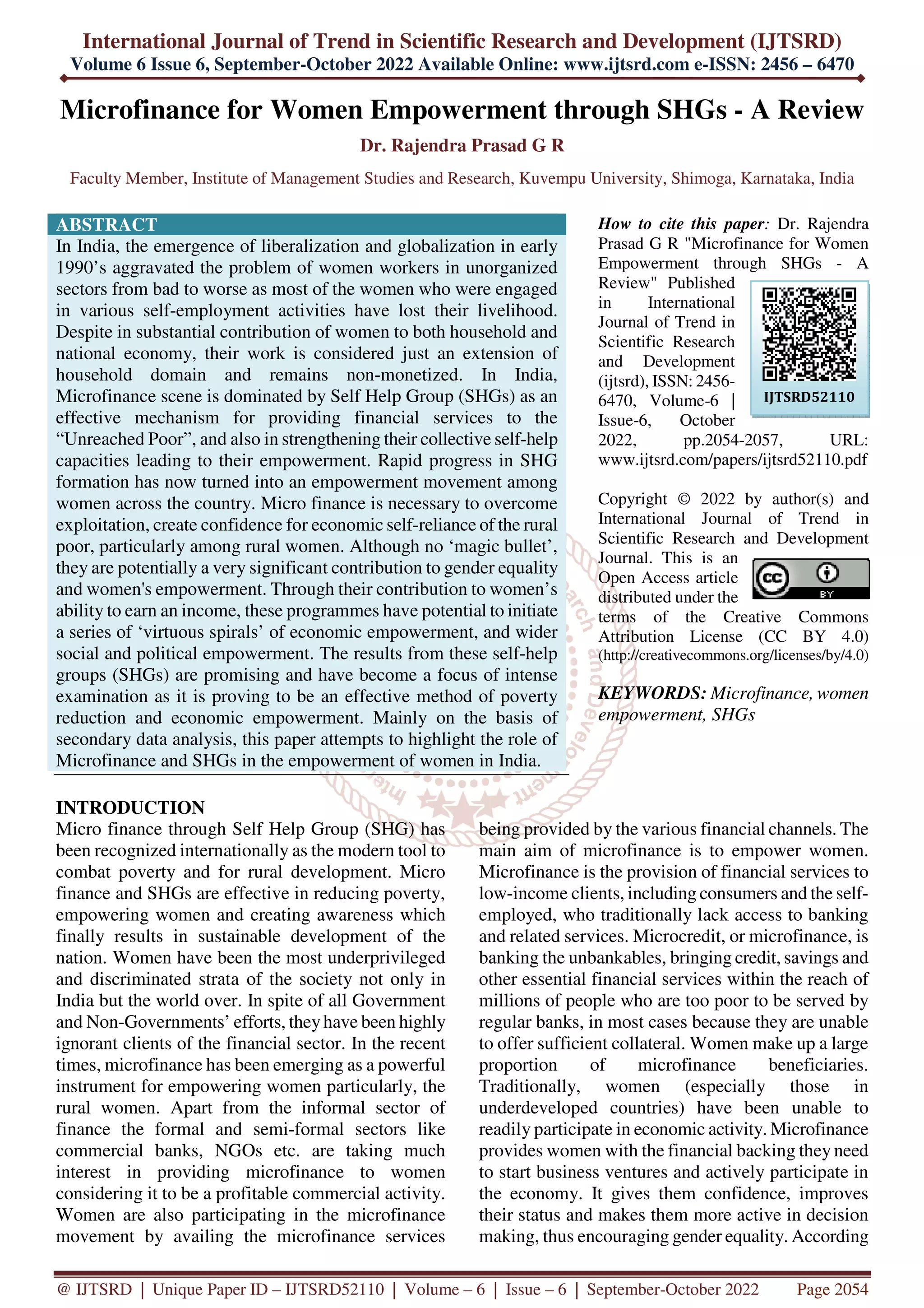 Microfinance for Women Empowerment through SHGs A Review | PDF