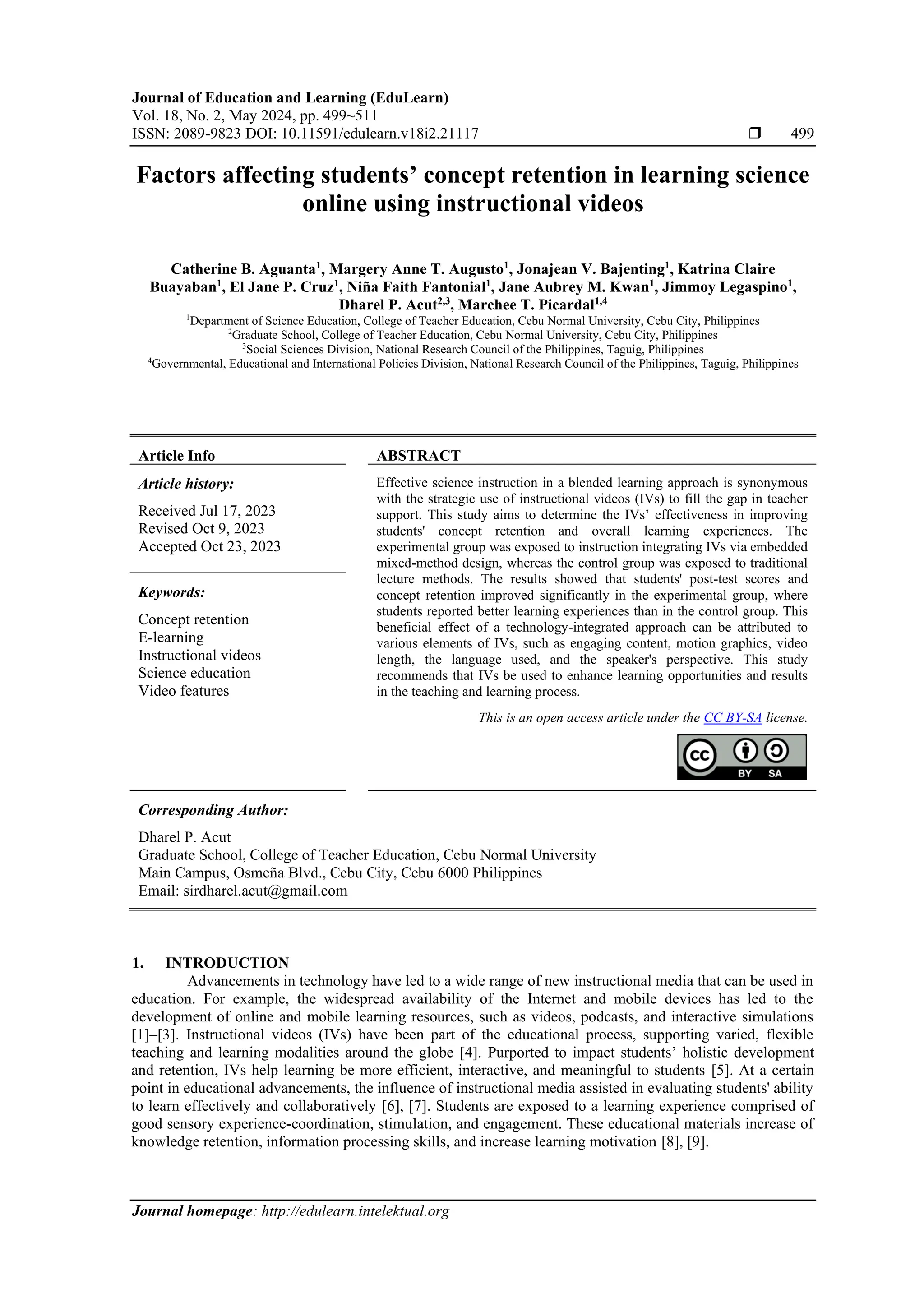 Factors affecting students’ concept retention in learning science ...