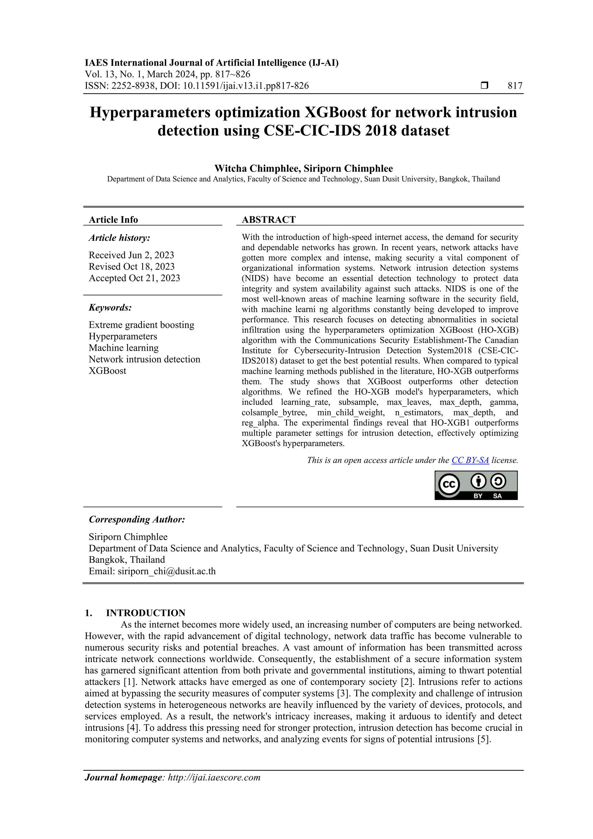 Hyperparameters Optimization Xgboost For Network Intrusion Detection Using Cse Cic Ids 2018 9385