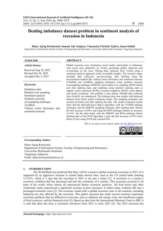 Dealing imbalance dataset problem in sentiment analysis of recession in Indonesia | PDF