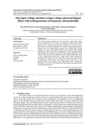 One input voltage and three output voltage universal biquad filters with orthogonal tune of ...