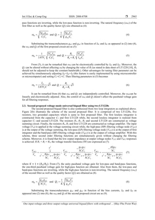 One input voltage and three output voltage universal biquad filters with orthogonal tune of ...