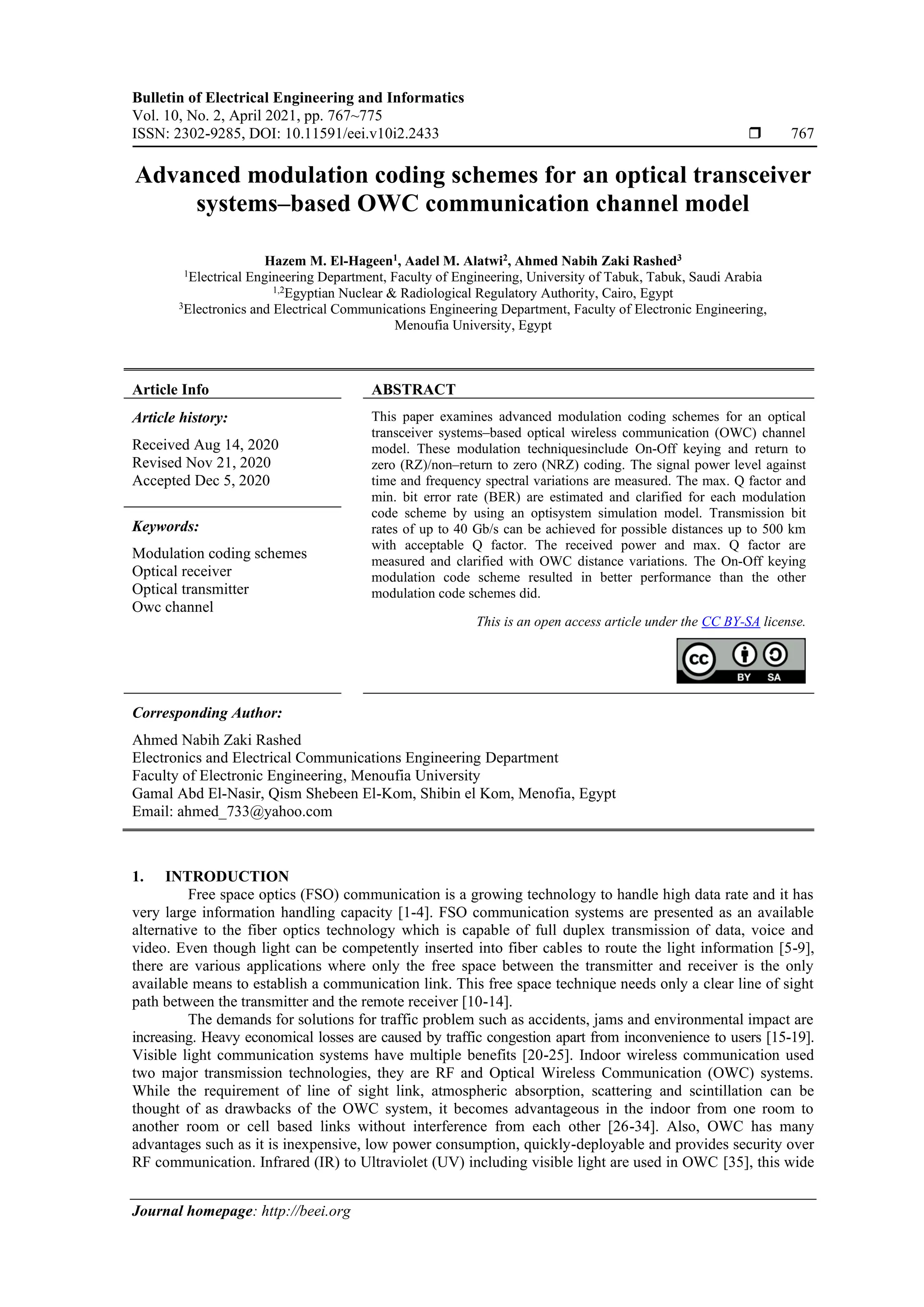 Advanced modulation coding schemes for an optical transceiver systems–based OWC communication ...