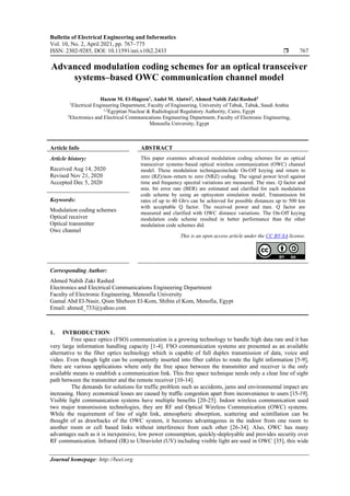 Advanced modulation coding schemes for an optical transceiver systems–based OWC communication ...