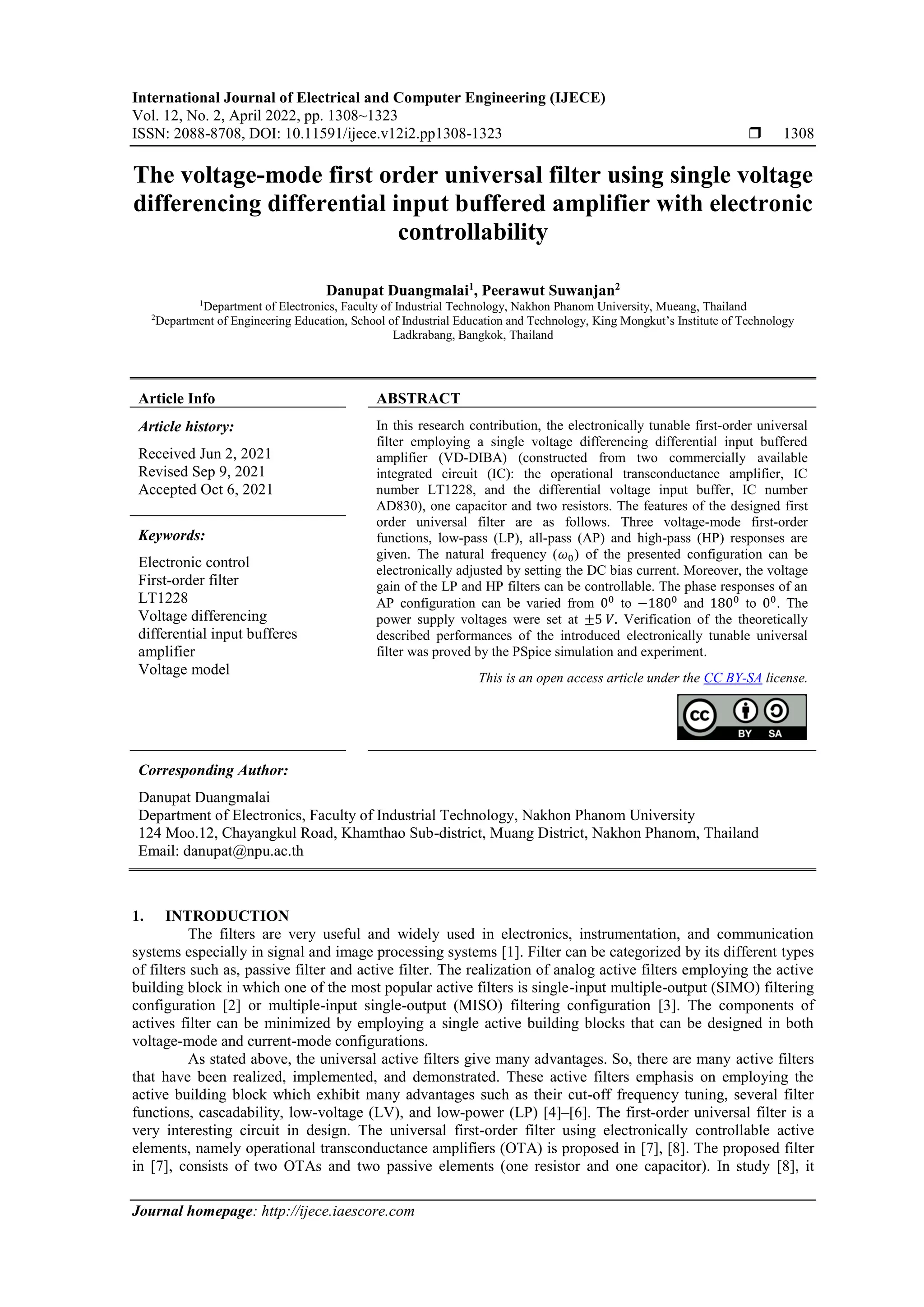 The voltage-mode first order universal filter using single voltage differencing differential ...