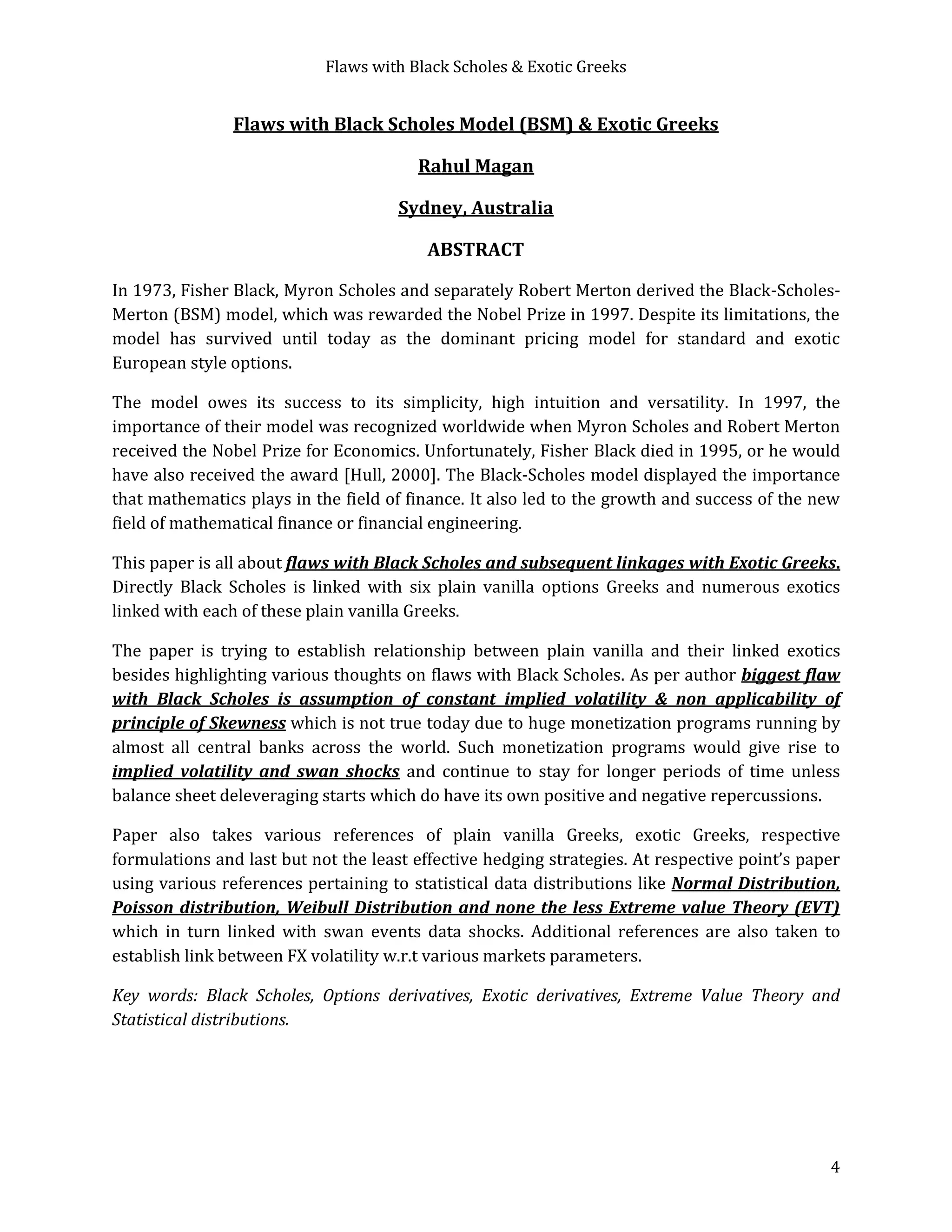 Flaws with Black Scholes & Exotic Greeks | PDF