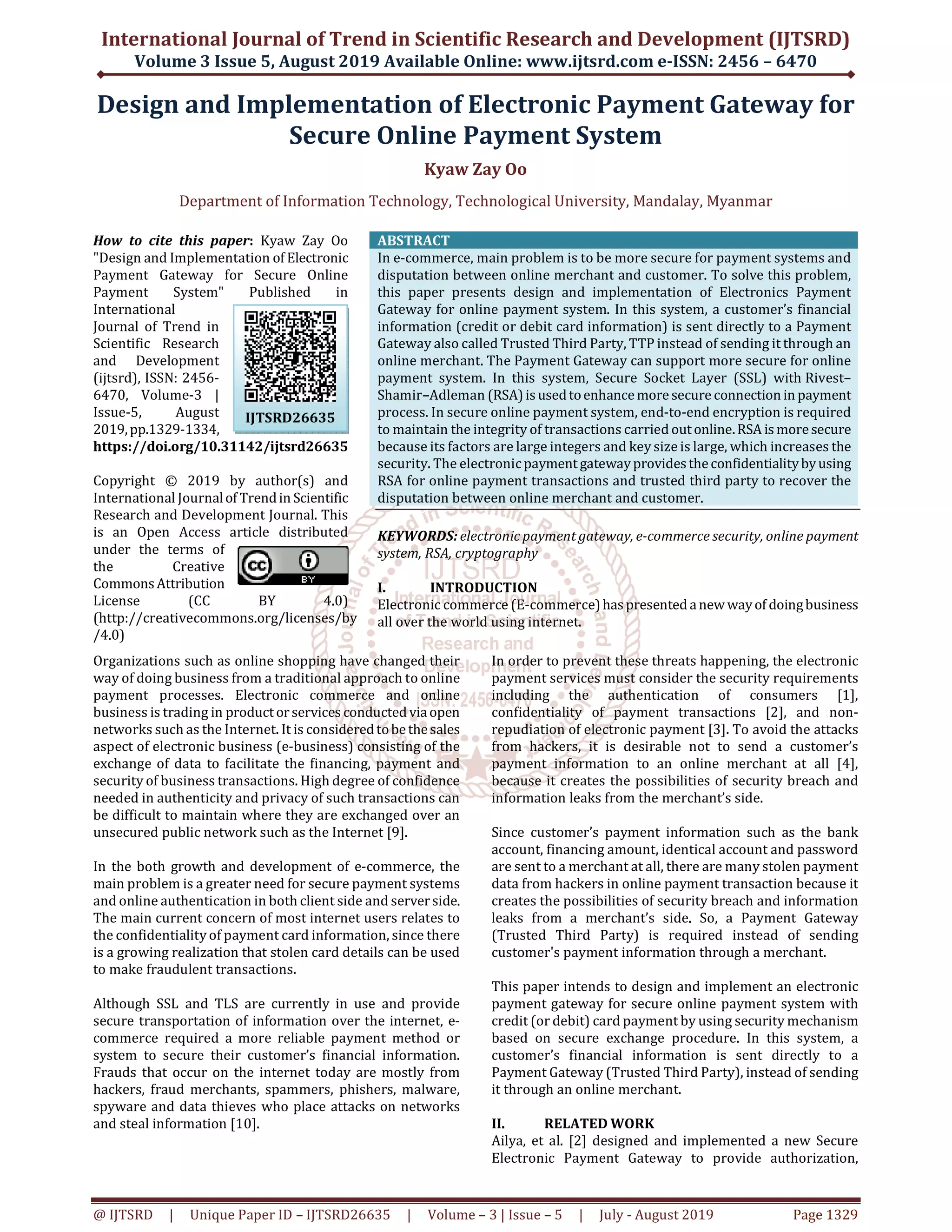 Design and Implementation of Electronic Payment Gateway for Secure ...