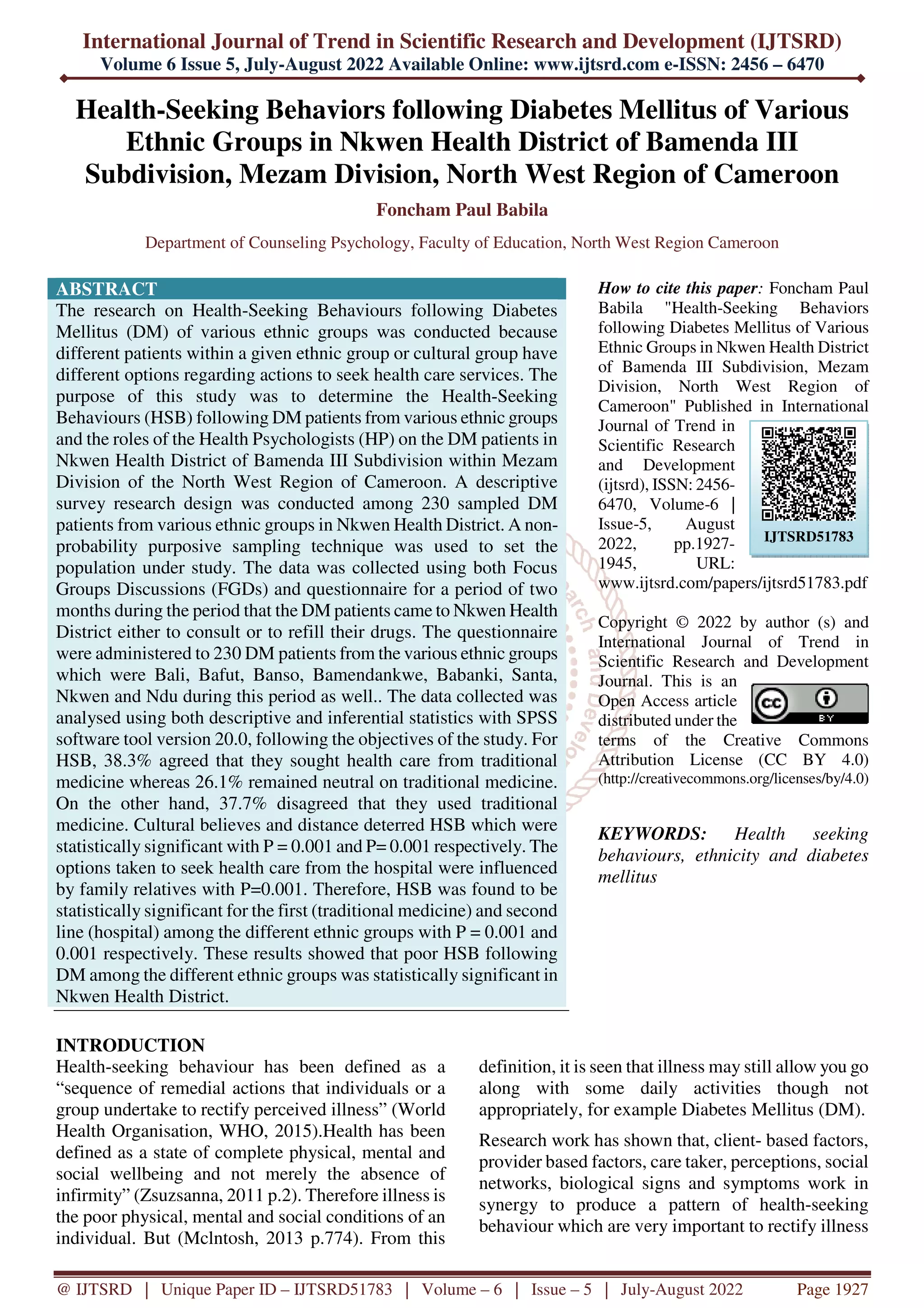 Health Seeking Behaviors following Diabetes Mellitus of Various Ethnic ...