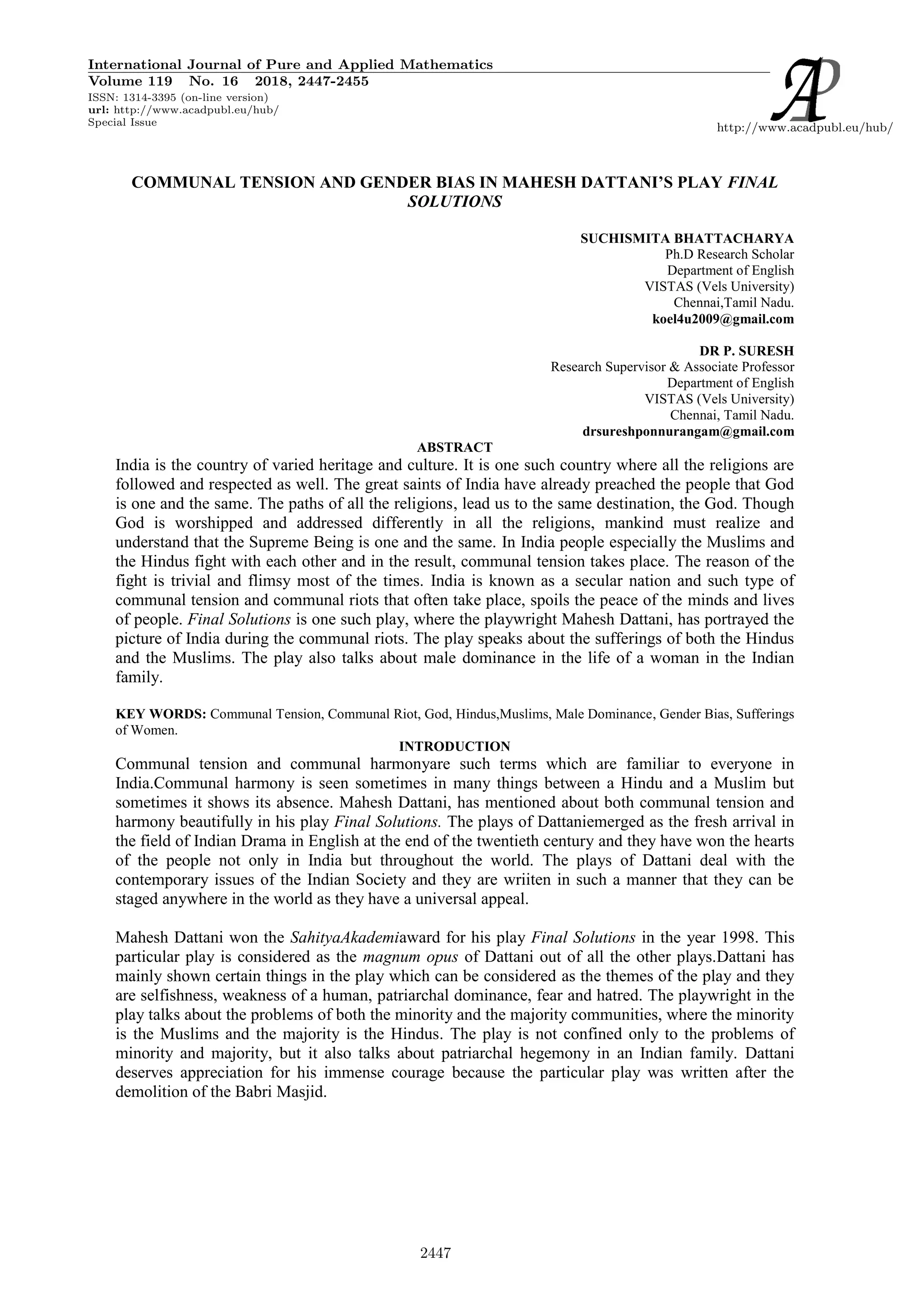 Communal Tension and Gender Bias in Mahesh Dattani's Finally Solution | PDF