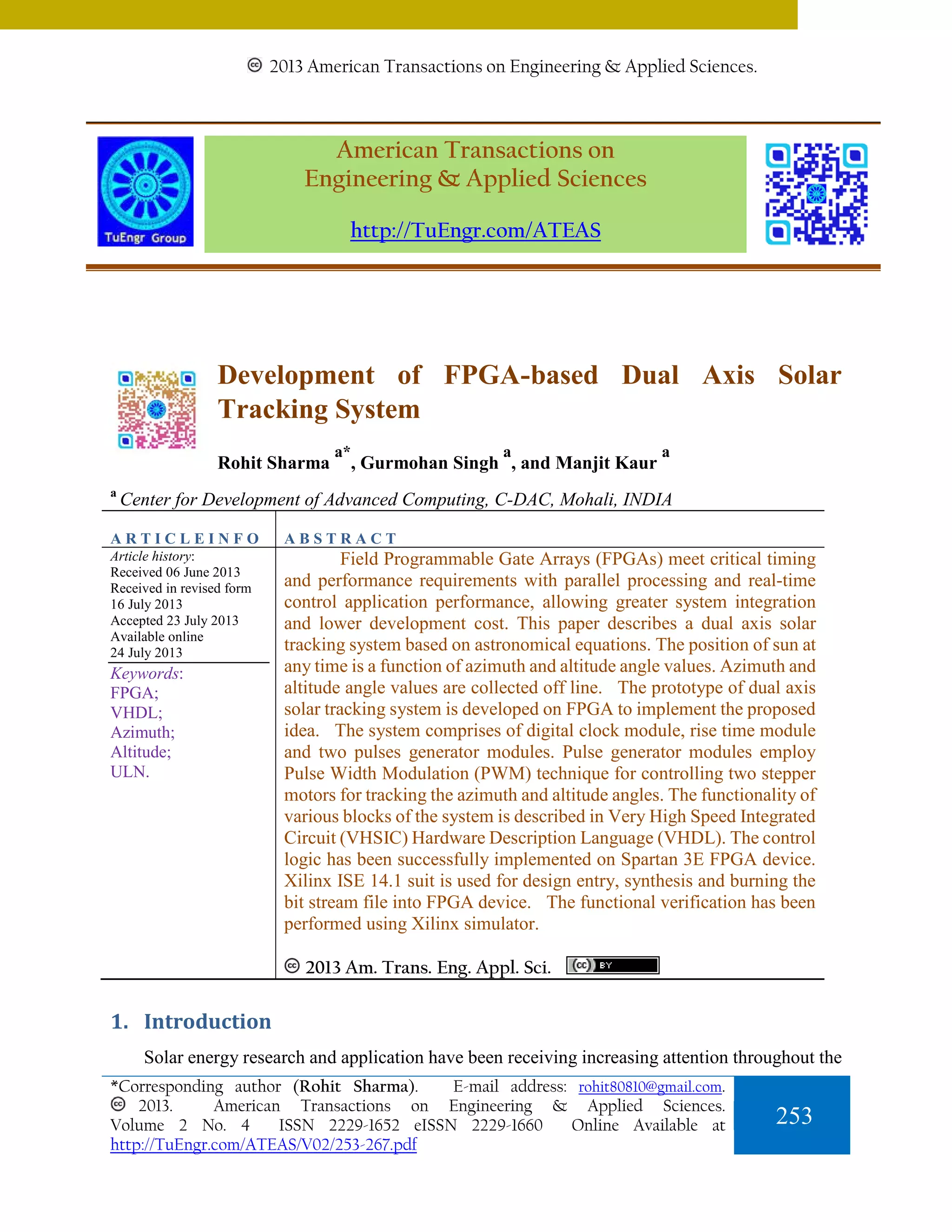 Development of FPGA based Dual Axis Solar Tracking System | PDF