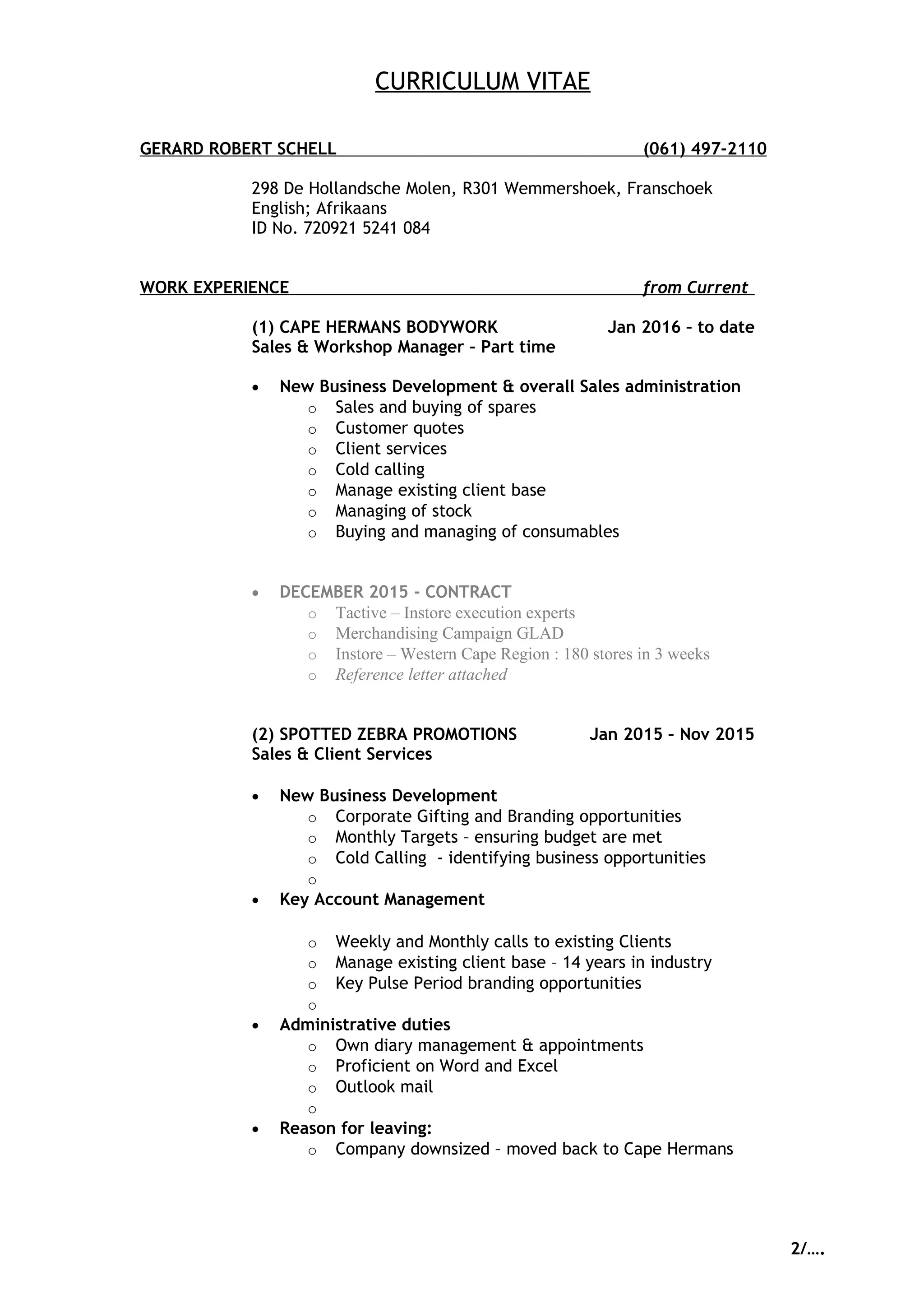 Gerard Schell - Curriculum Vitae | DOC