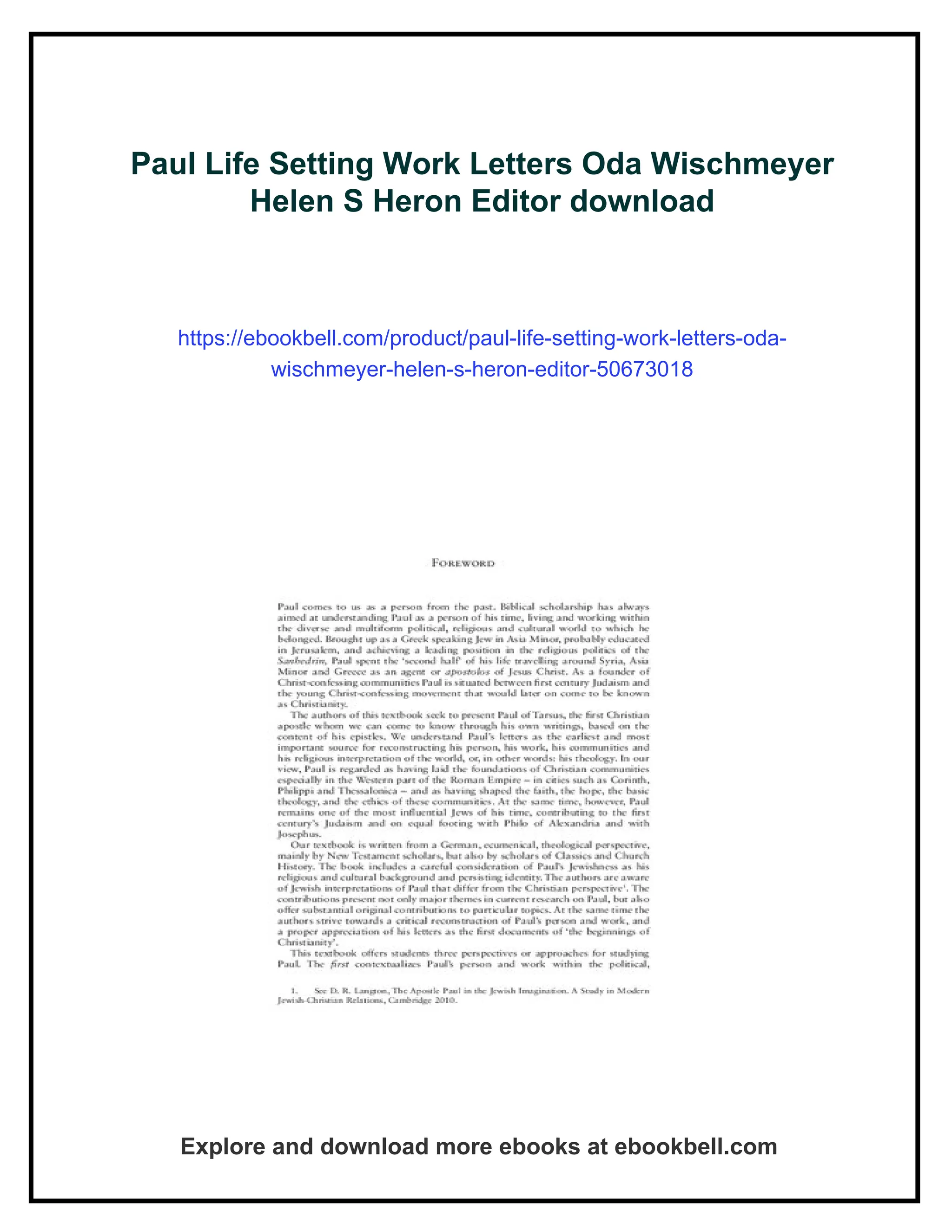 Paul Life Setting Work Letters Oda Wischmeyer Helen S Heron Editor | PDF