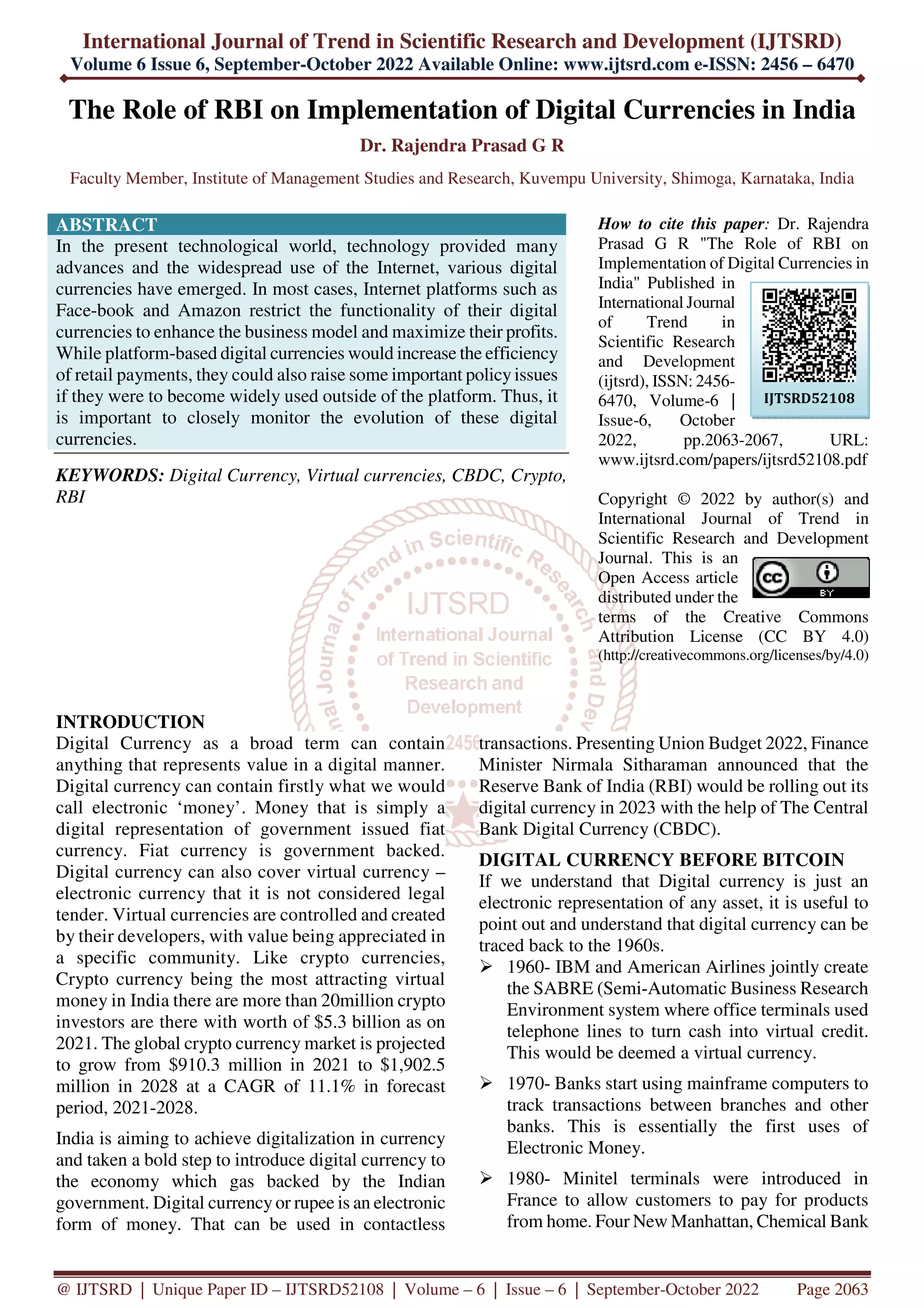 The Role of RBI on Implementation of Digital Currencies in India | PDF