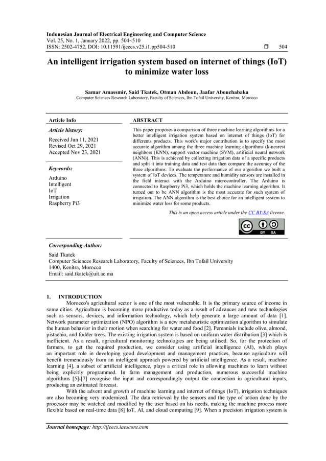 An intelligent irrigation system based on internet of things (IoT) to minimize water loss | PDF
