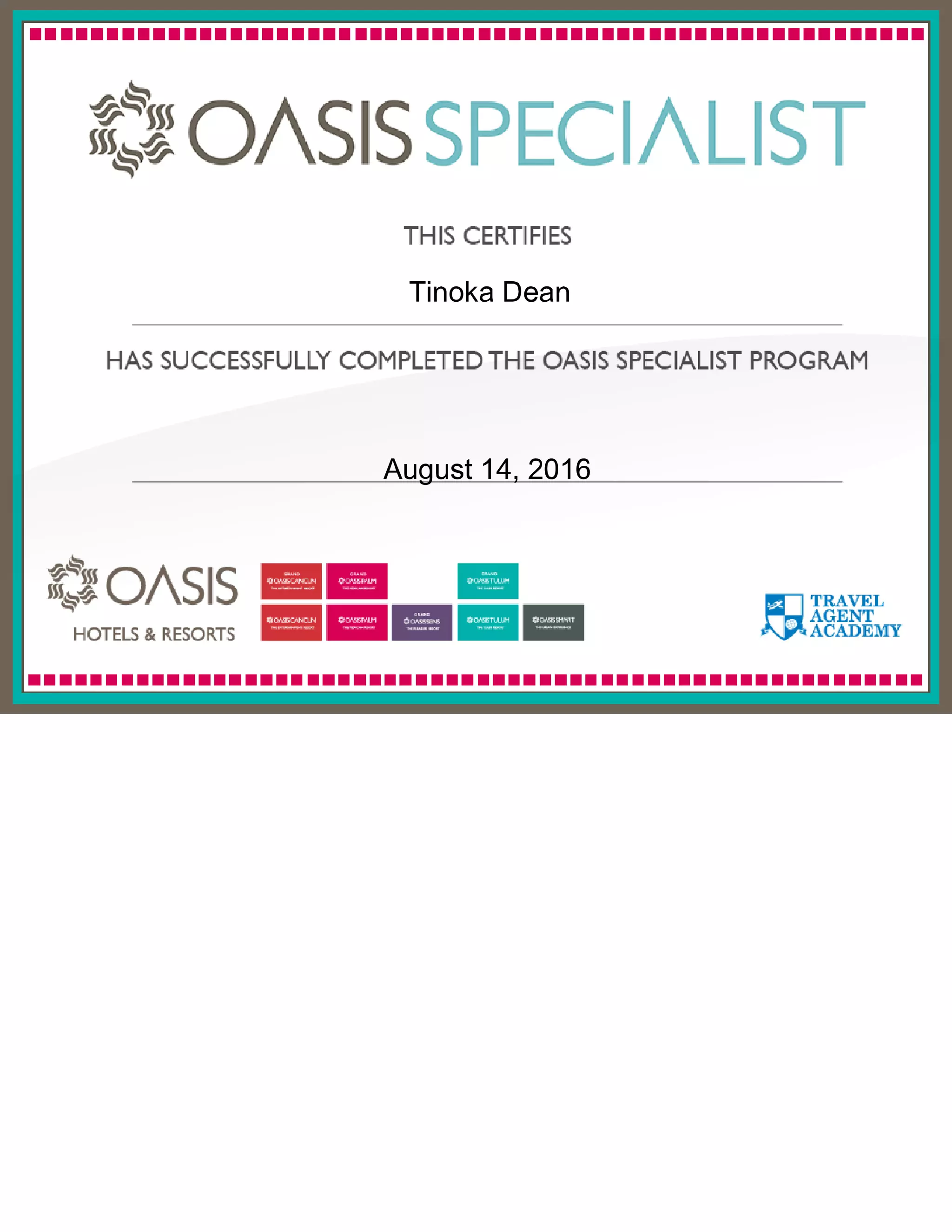 Oasis Specialist Training Program - View Certificate | PDF