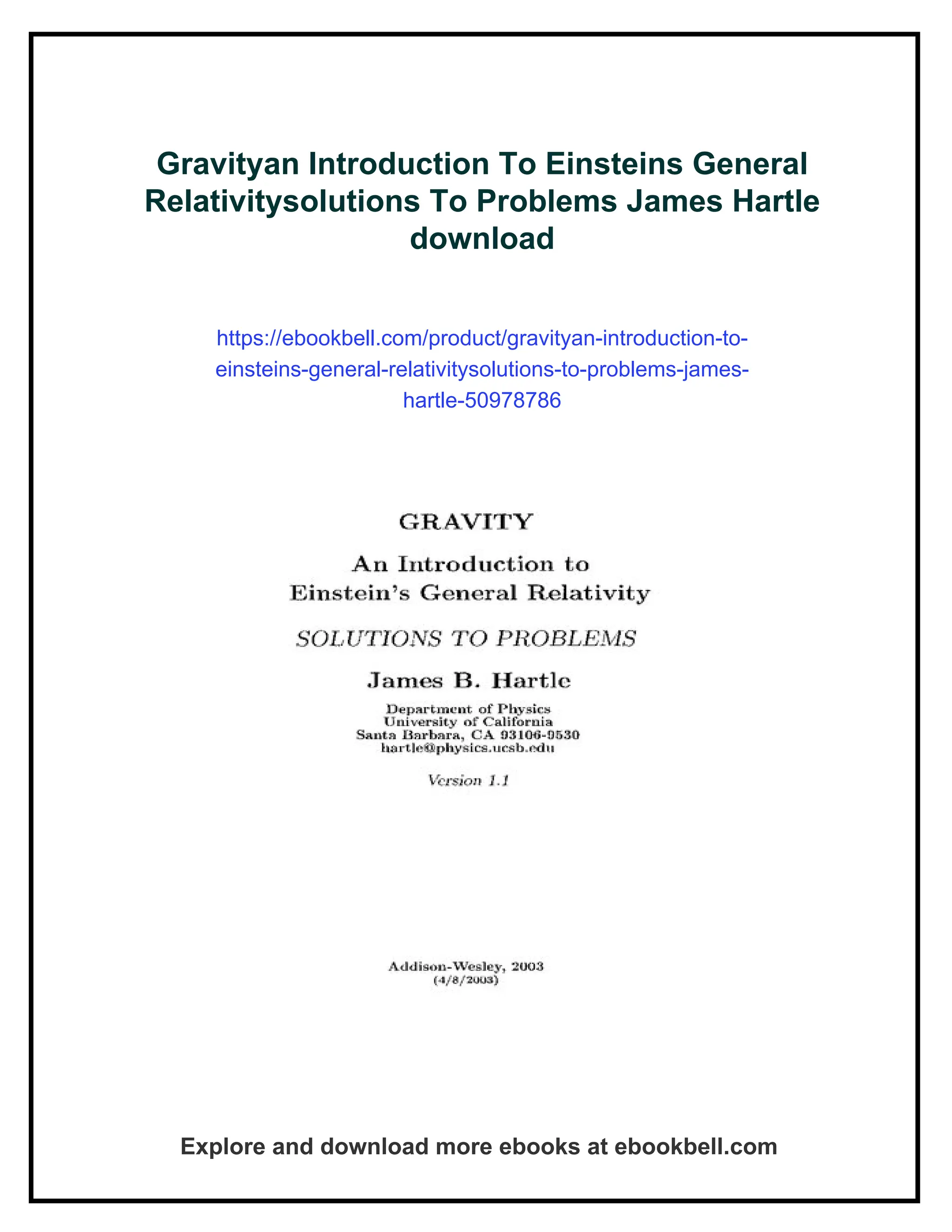Gravityan Introduction To Einsteins General Relativitysolutions To Problems James Hartle | PDF