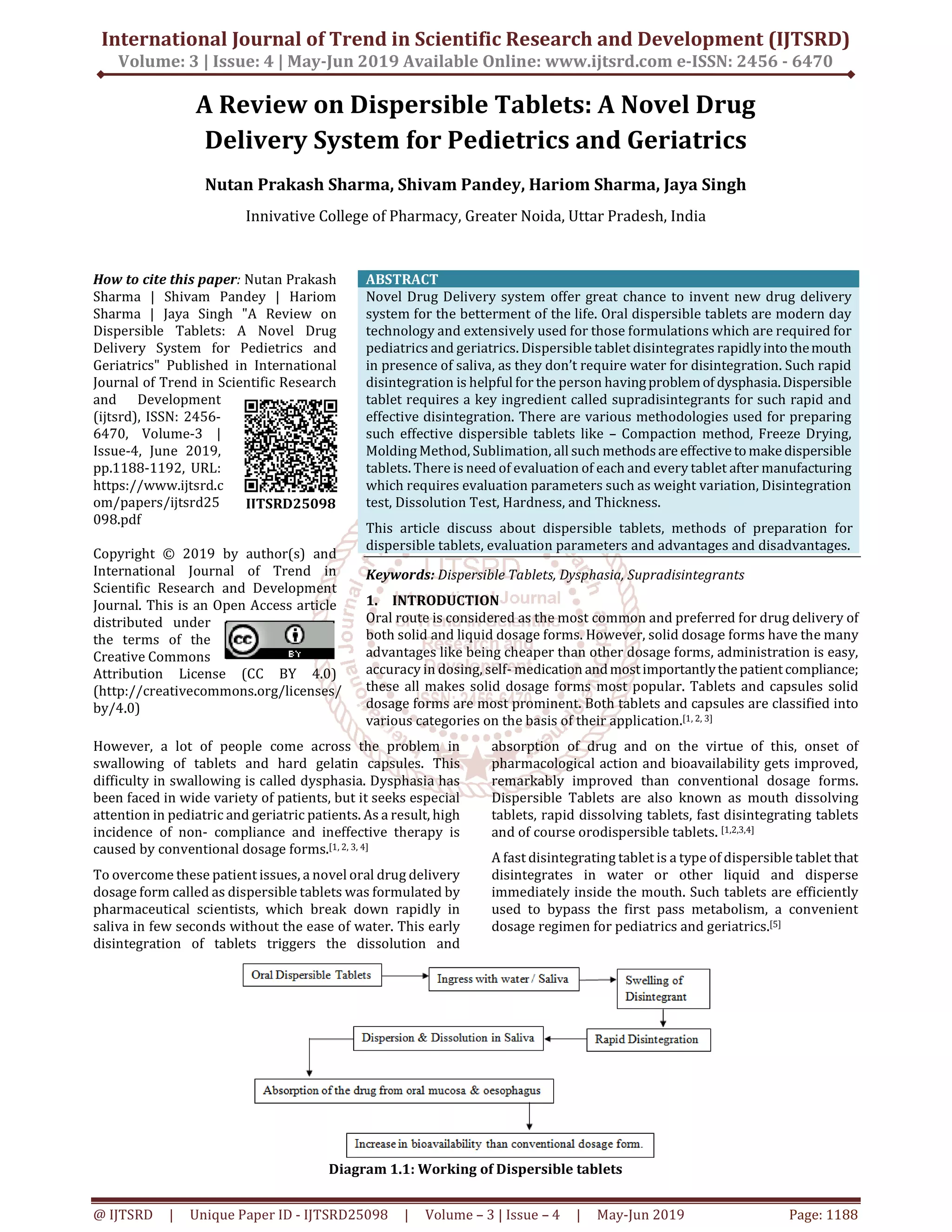 A Review on Dispersible Tablets A Novel Drug Delivery System for ...