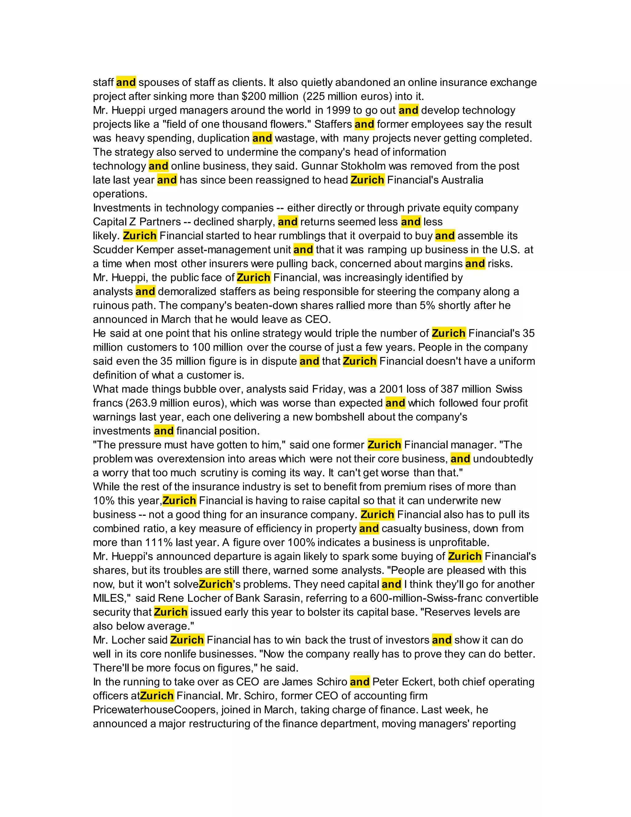 Scandal at Zurich Financial, Crisis in European Company Leadership | DOCX