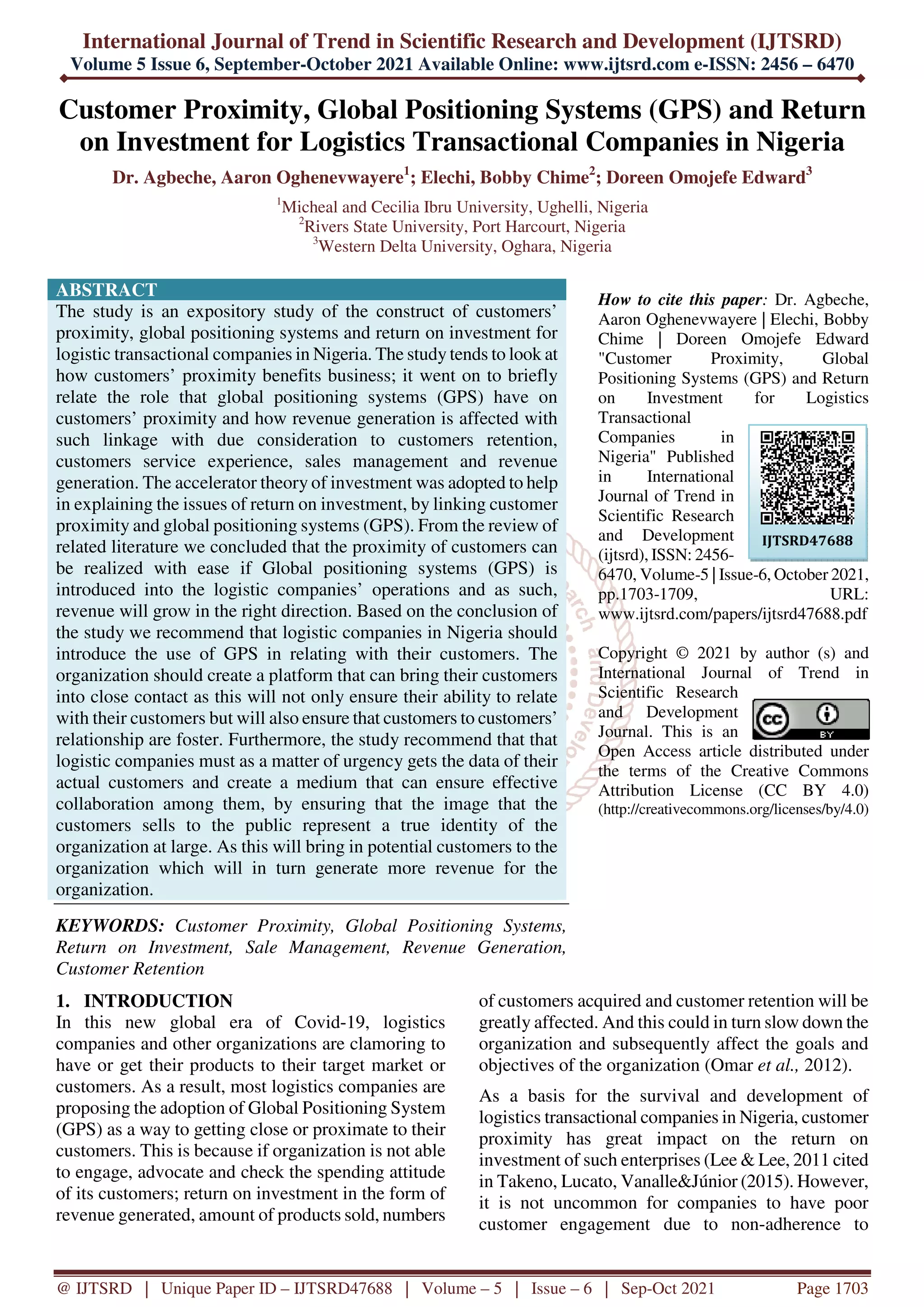 Customer Proximity, Global Positioning Systems GPS and Return on ...