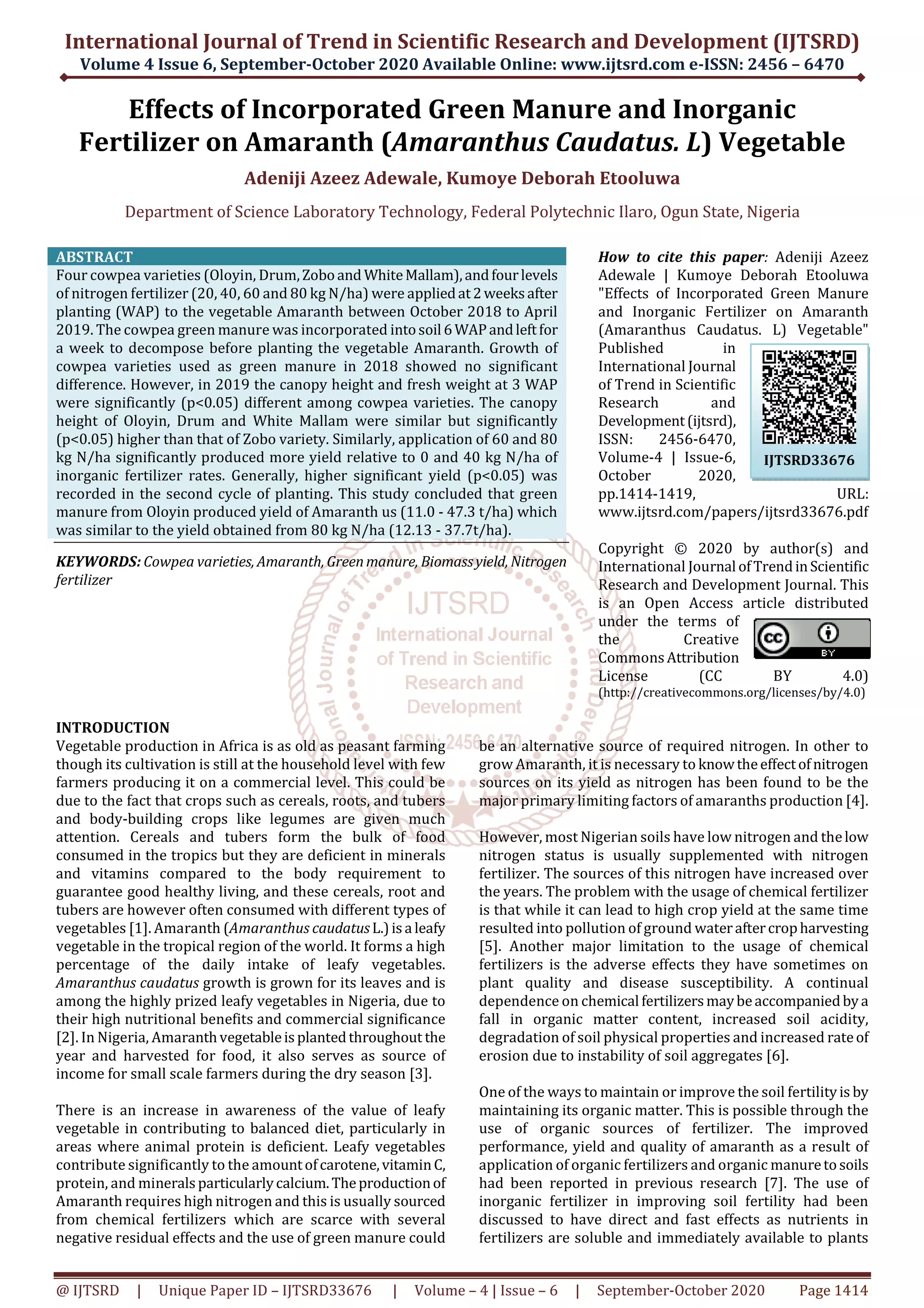 Effects of Incorporated Green Manure and Inorganic Fertilizer on ...