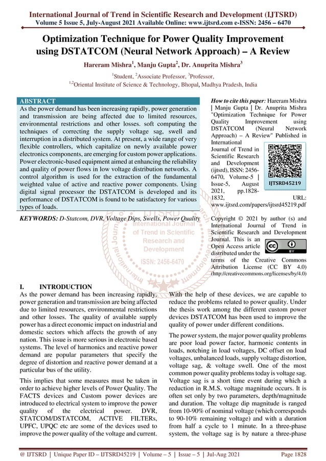 Optimization Technique for Power Quality Improvement using DSTATCOM Neural Network Approach – A ...