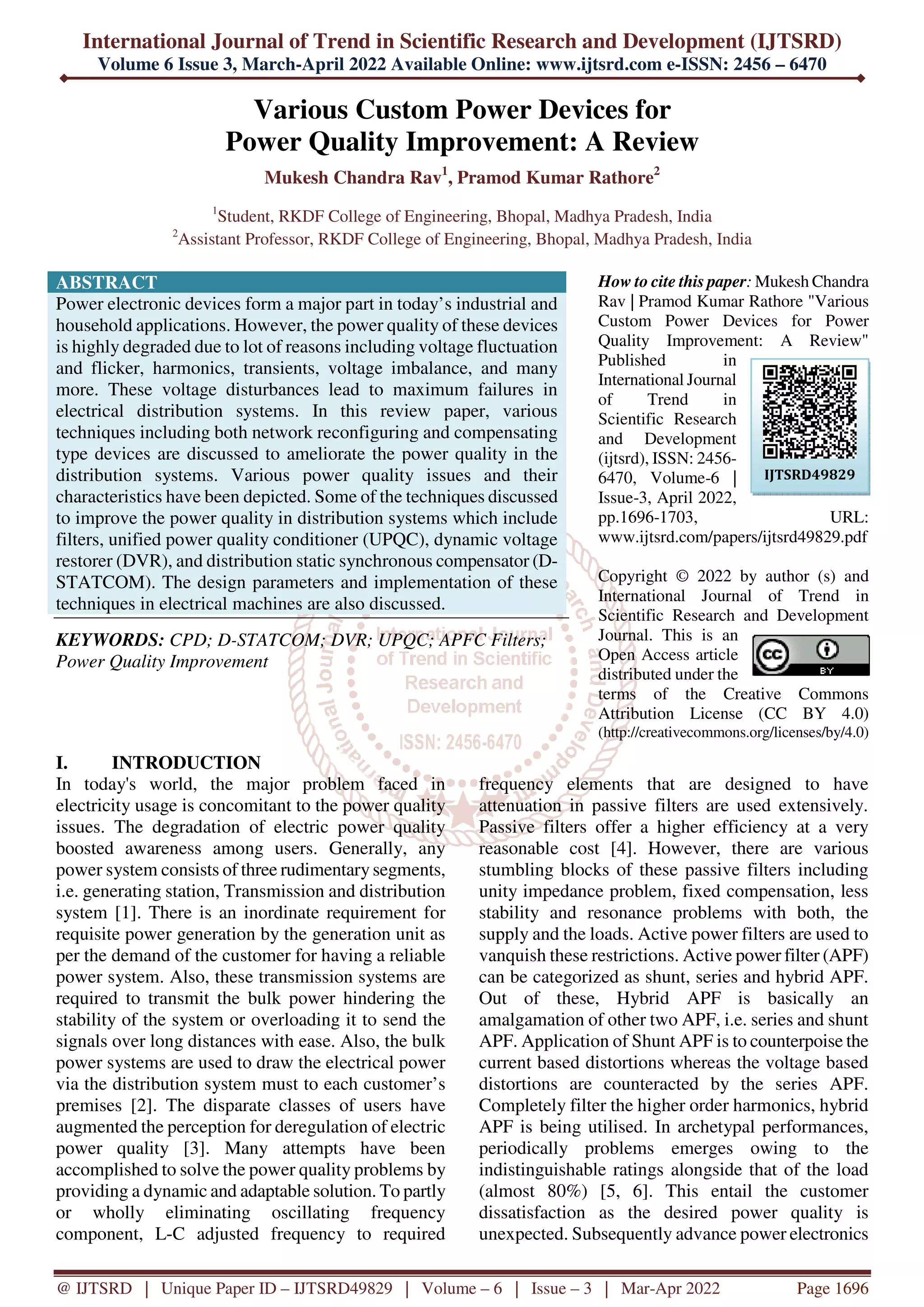 Various Custom Power Devices for Power Quality Improvement A Review | PDF | Power and Energy ...