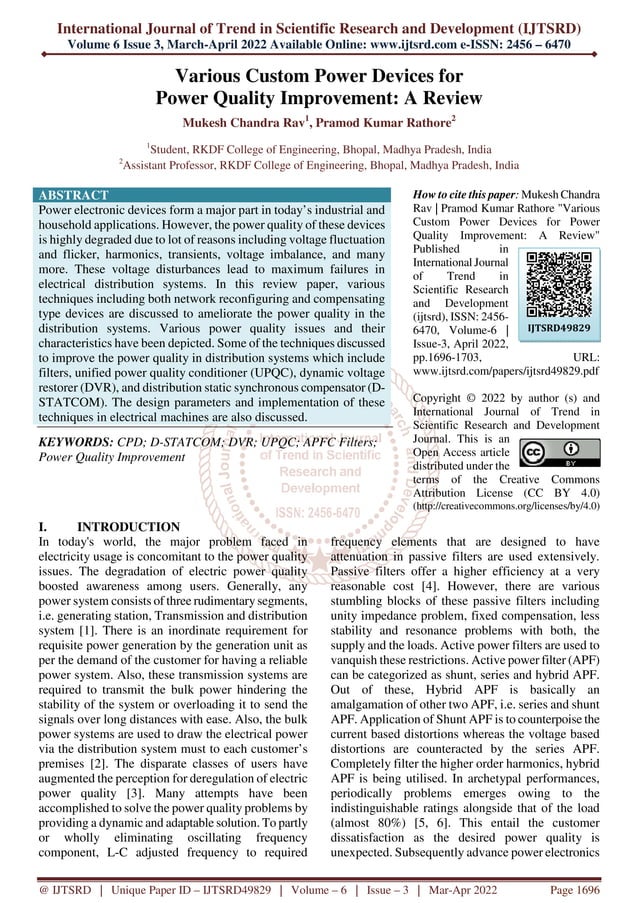 Various Custom Power Devices for Power Quality Improvement A Review | PDF