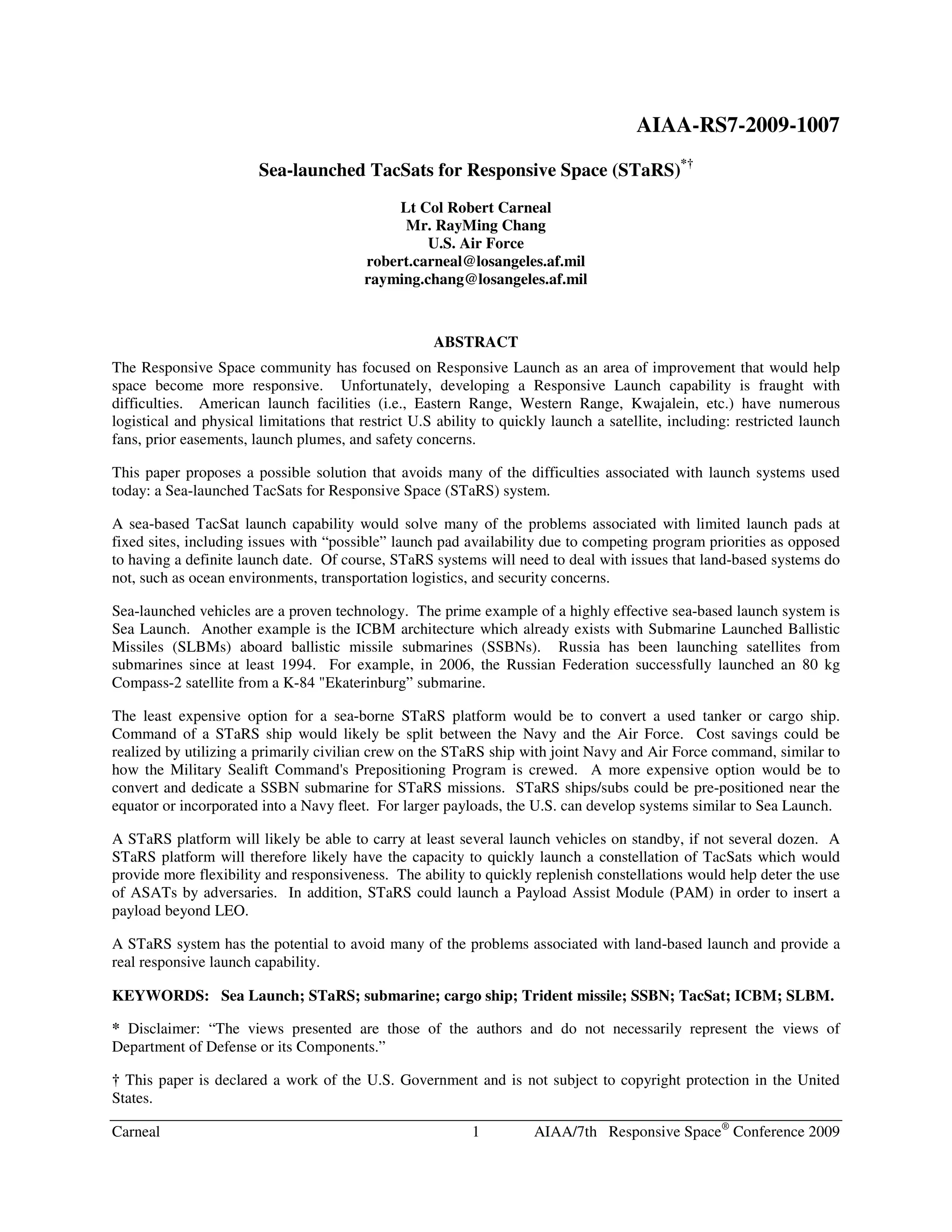 Sea-launched TacSats for Responsive Space (STaRS) | PDF