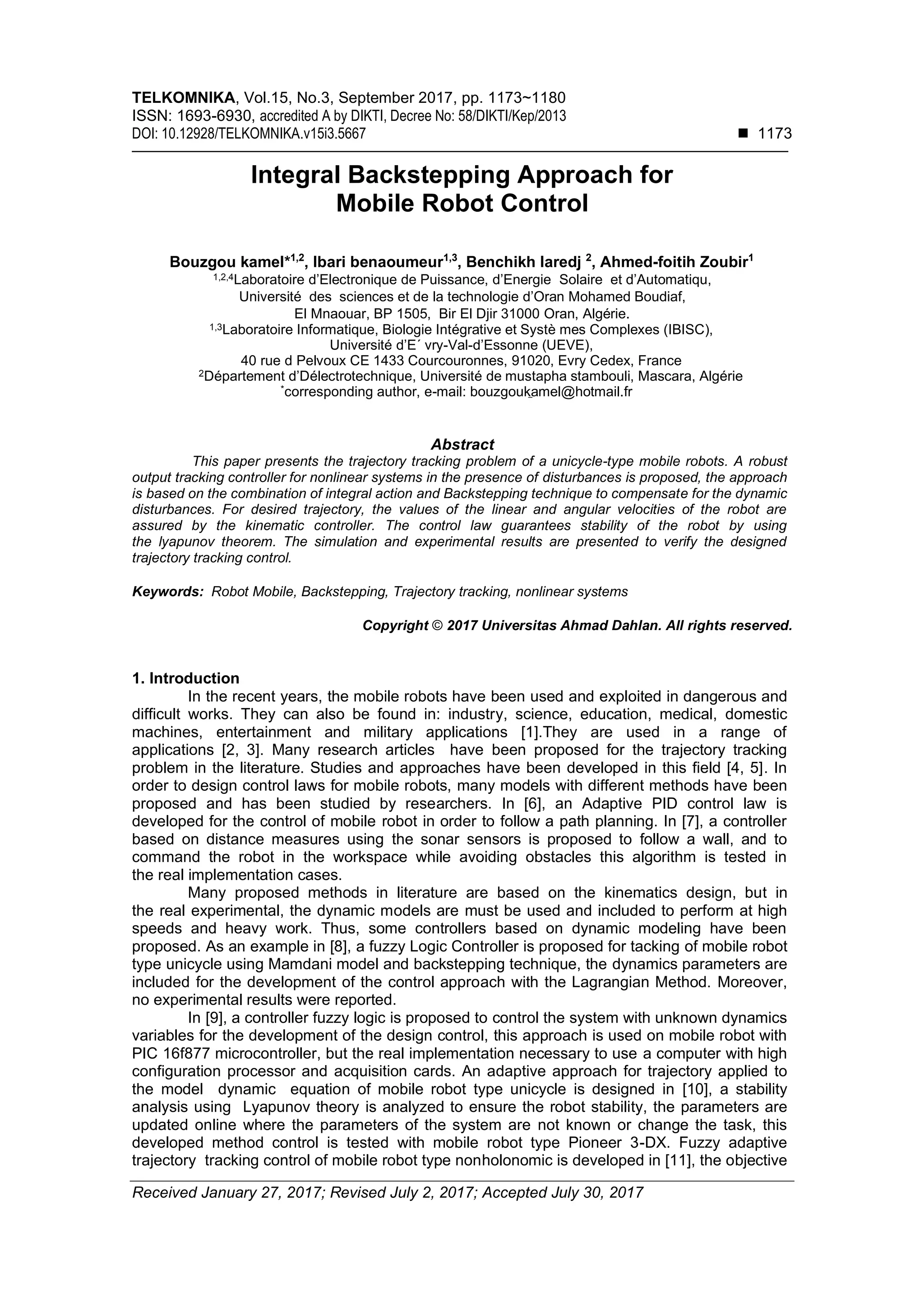 Integral Backstepping Approach for Mobile Robot Control | PDF