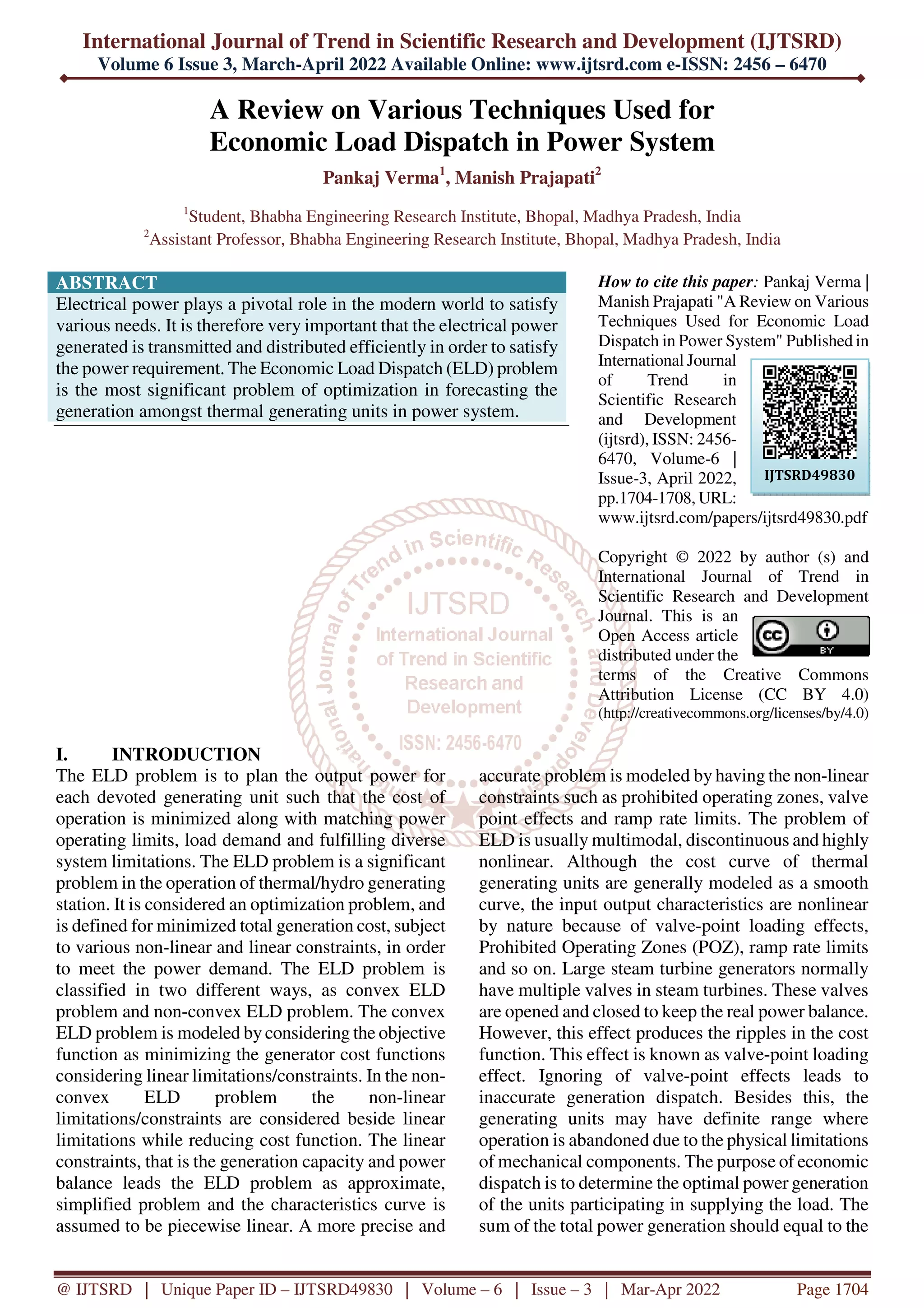 A Review on Various Techniques Used for Economic Load Dispatch in Power System | PDF