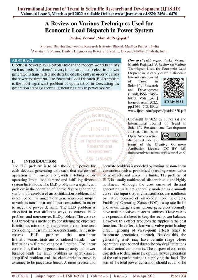 A Review On Various Techniques Used For Economic Load Dispatch In Power