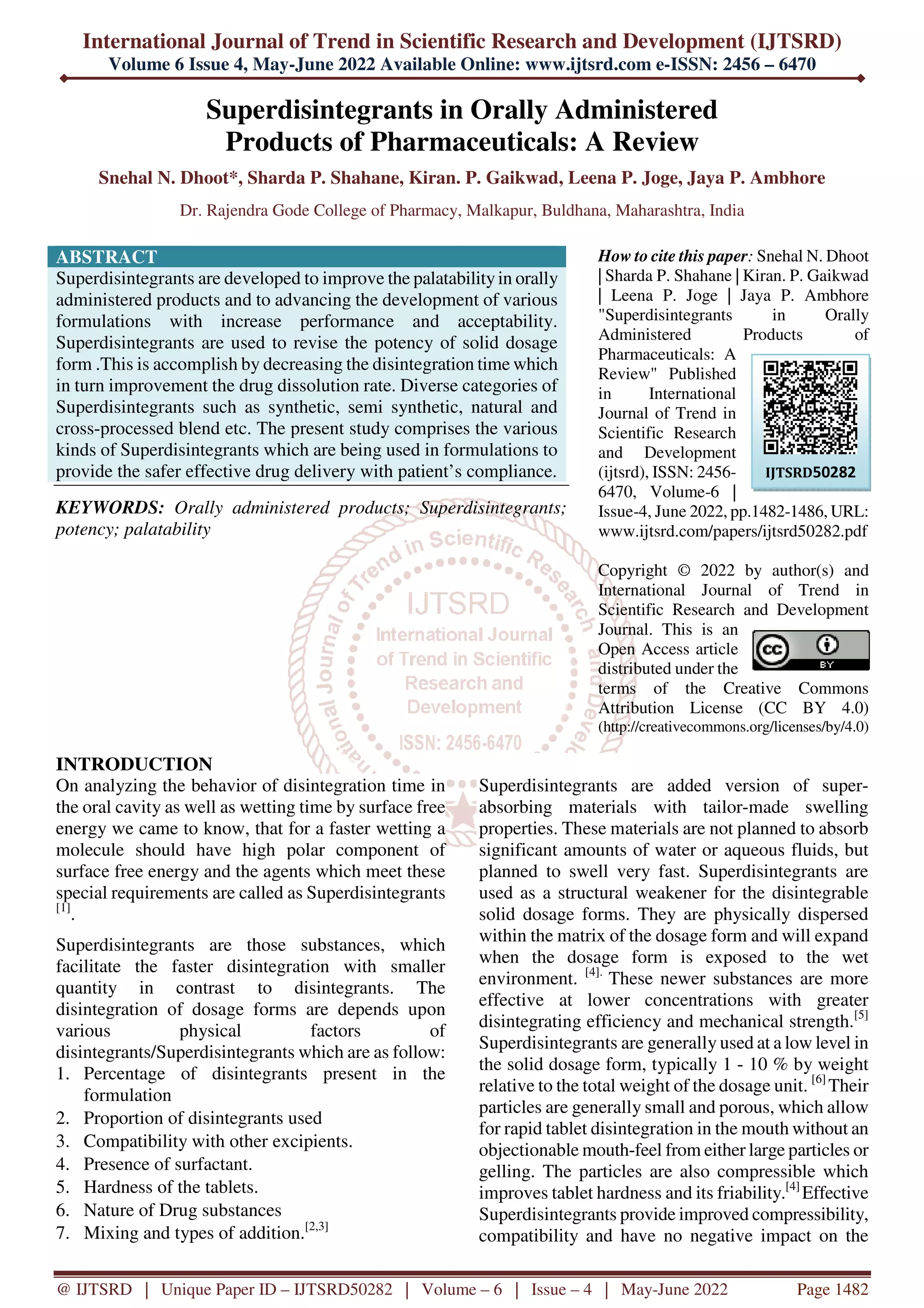 Superdisintegrants in Orally Administered Products of Pharmaceuticals A ...