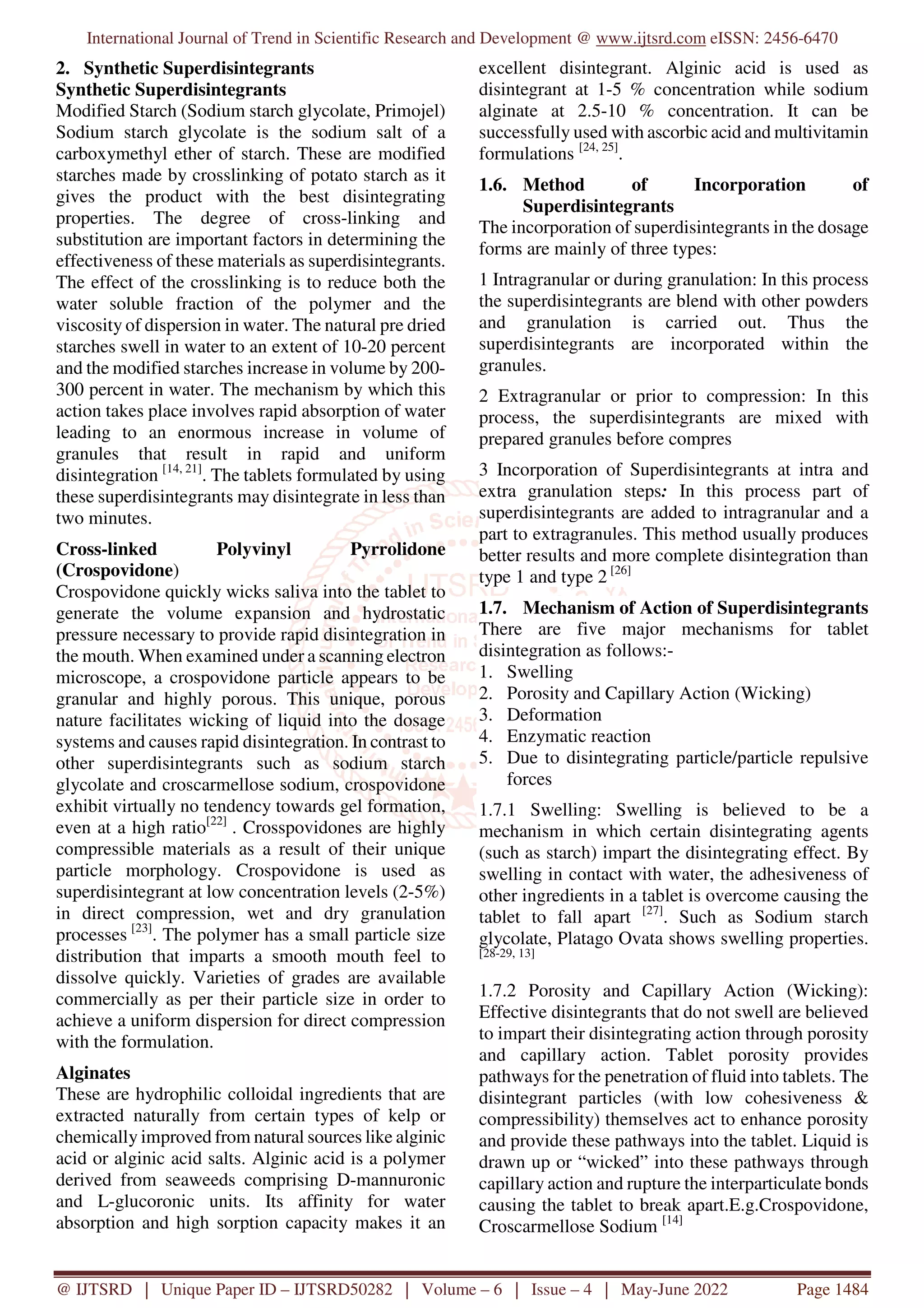 Superdisintegrants in Orally Administered Products of Pharmaceuticals A ...