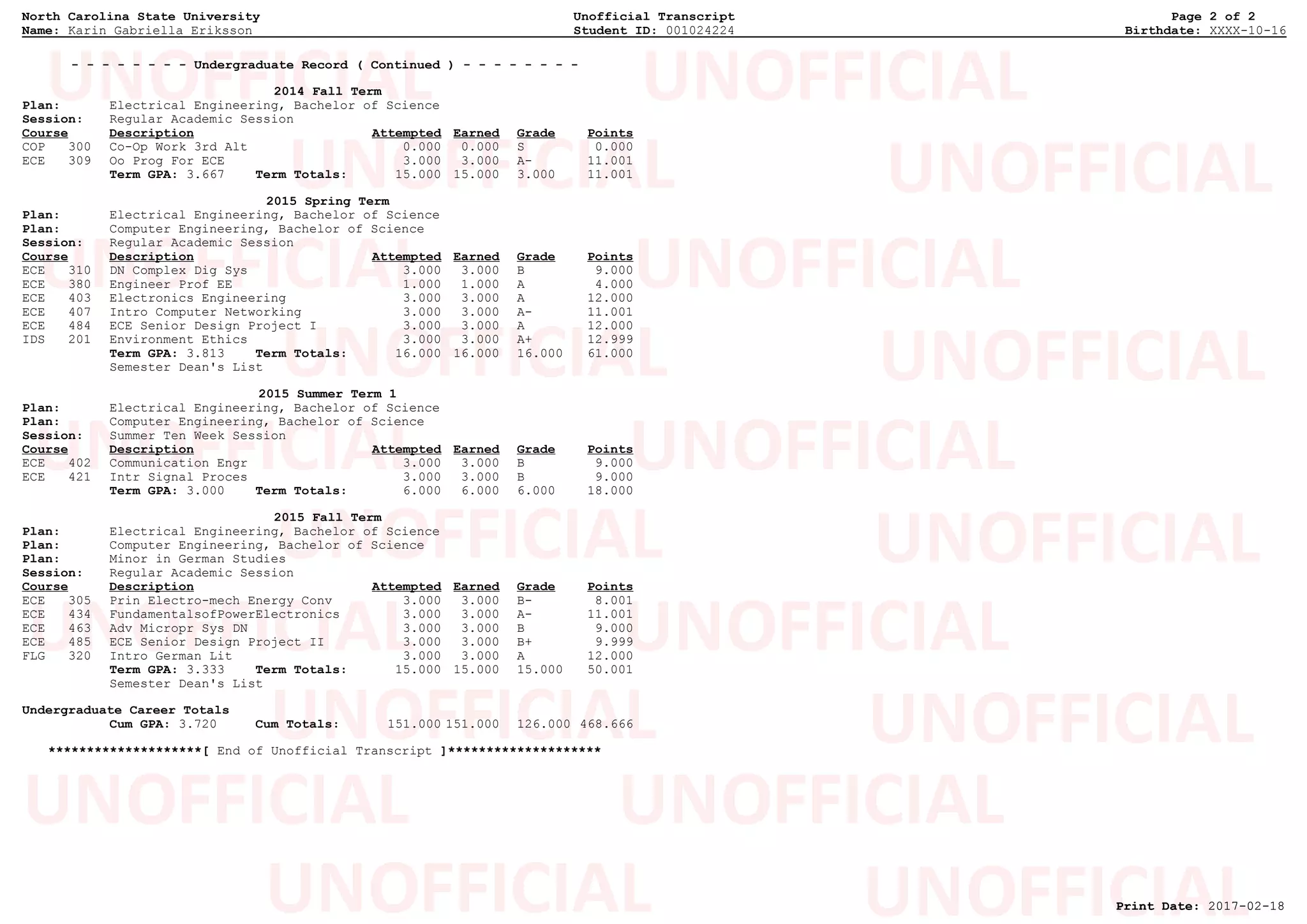 NCSU Transcript_Karin Eriksson | PDF
