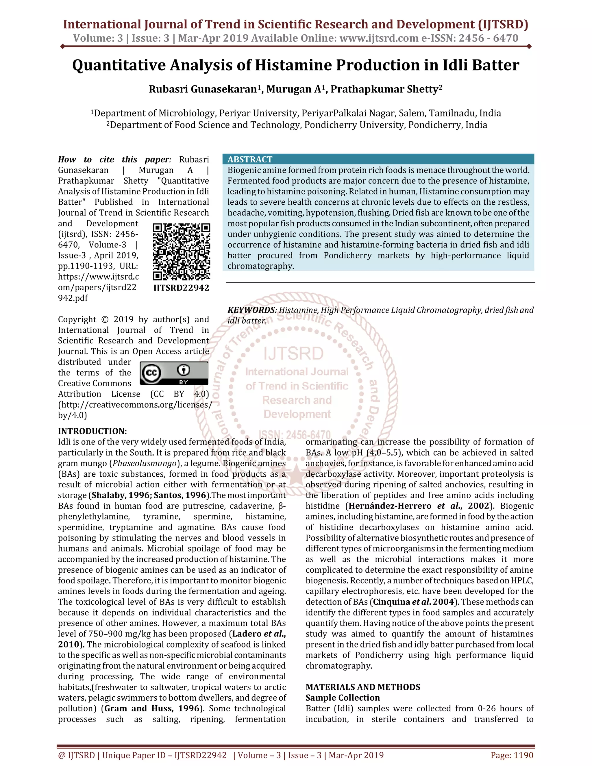 Quantitative Analysis of Histamine Production in Idli Batter | PDF