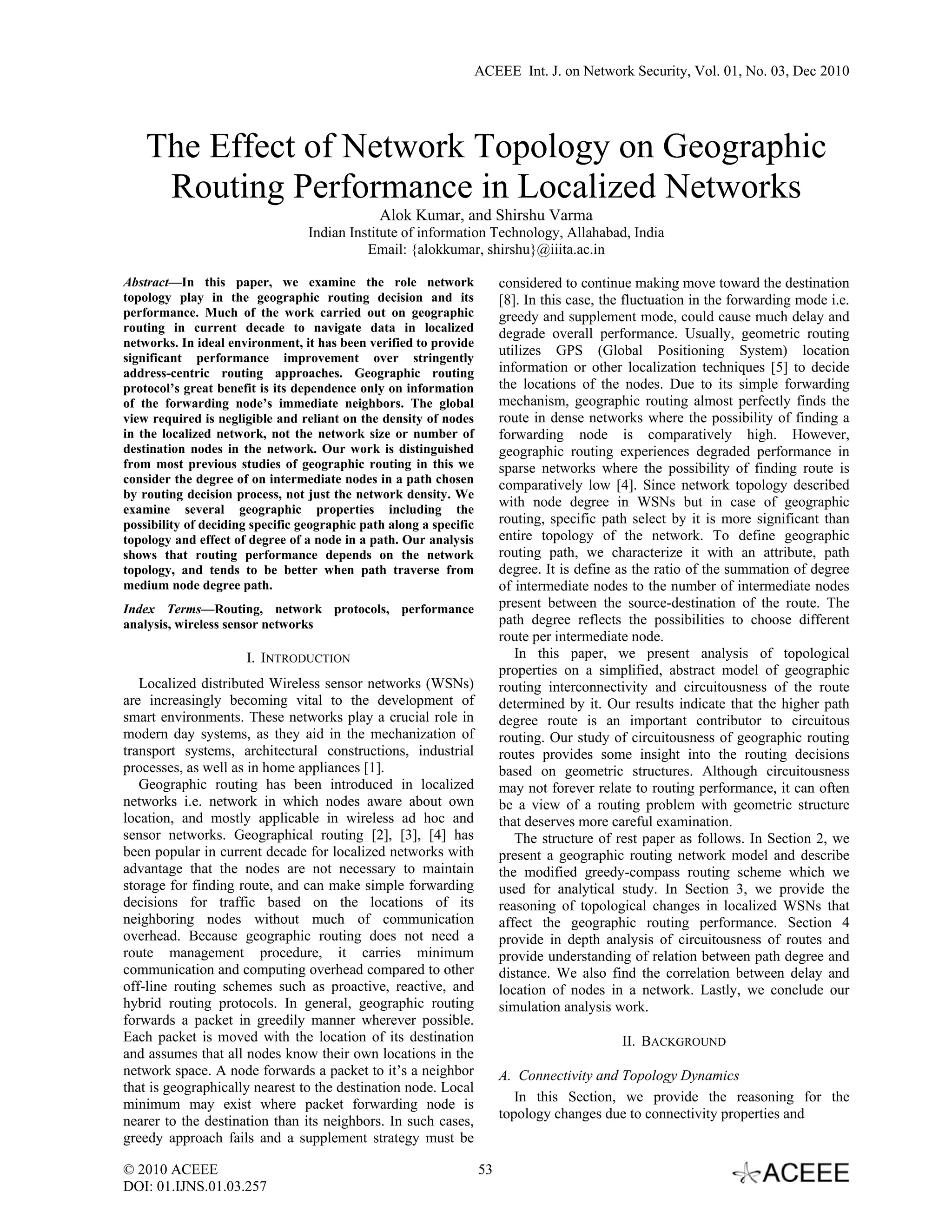 The Effect of Network Topology on Geographic Routing Performance in Localized Networks | PDF