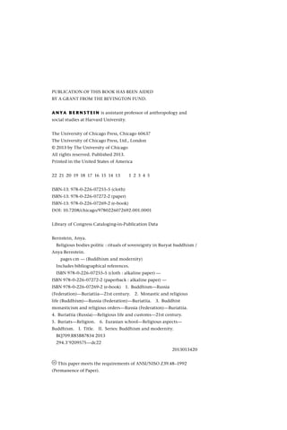 Religious Bodies Politic Rituals Of Sovereignty In Buryat Buddhism Anya ...