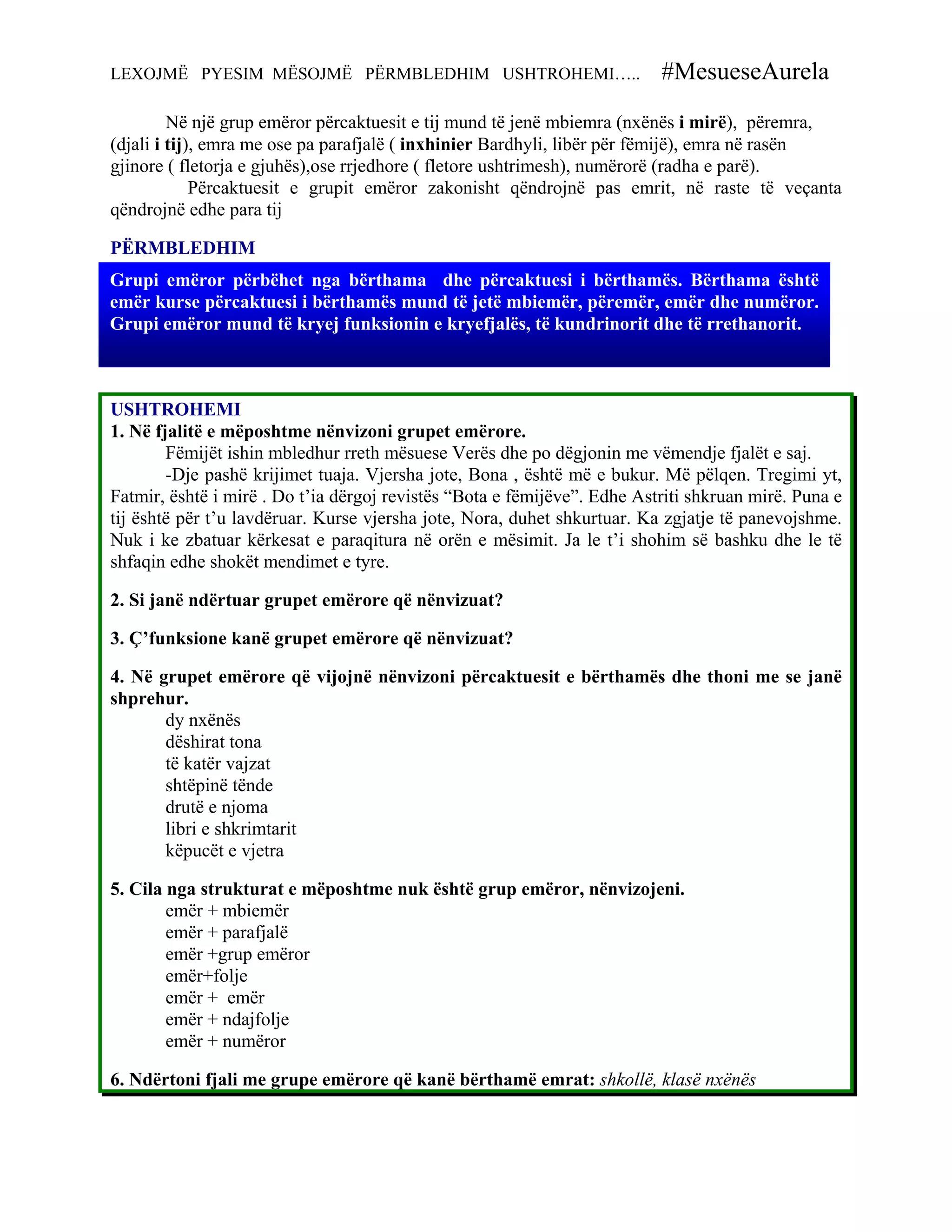 Gramatike-Lexojme-Pyesim-mesojme-Permbledhim-Ushtrohemi | PDF