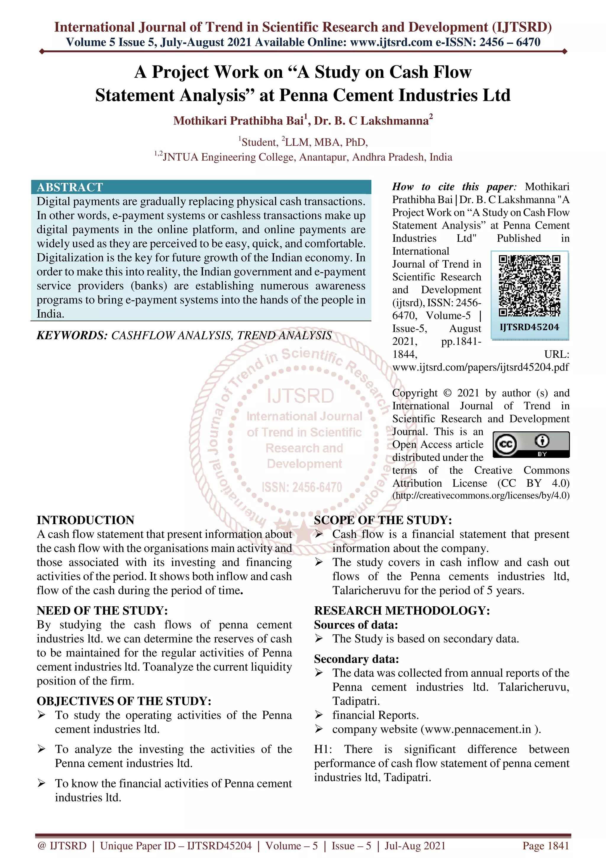 A Project Work on “A Study on Cash Flow Statement Analysis- at Penna ...